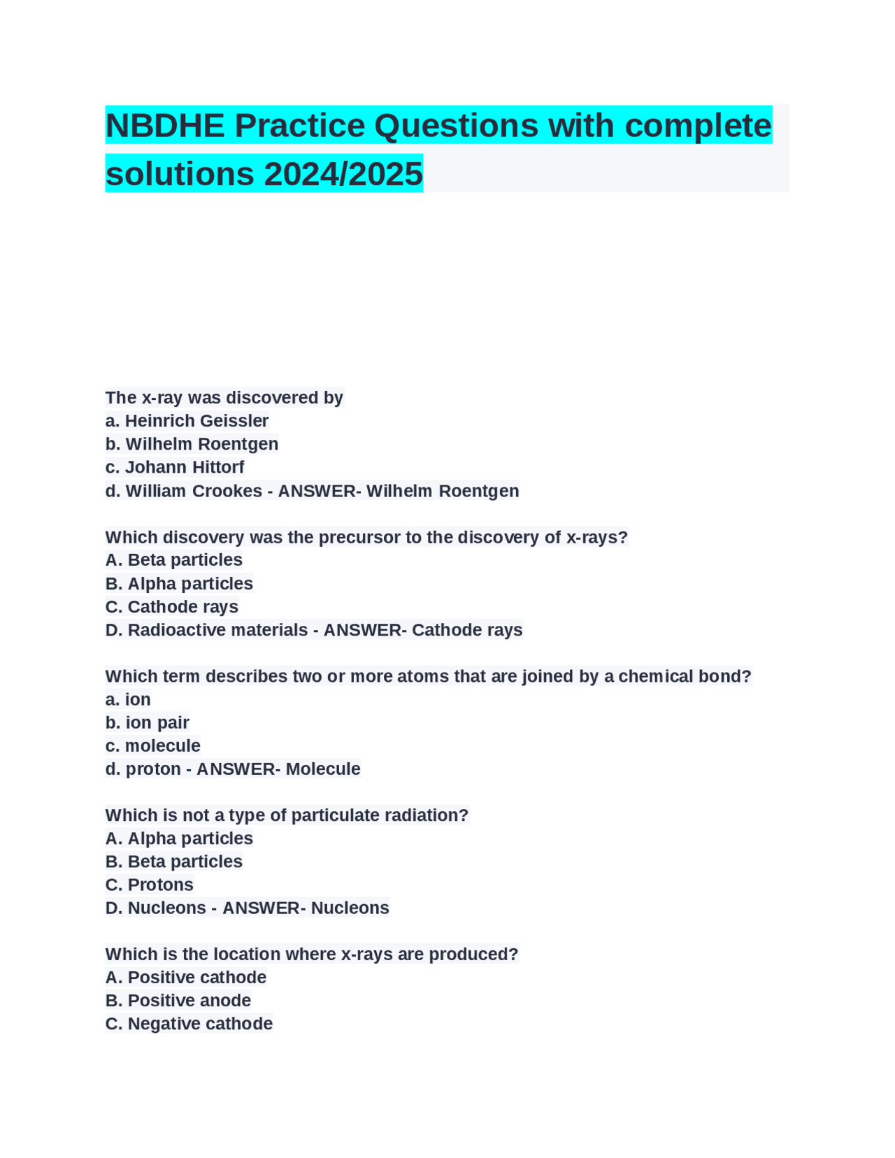 NBDHE Practice Questions with complete solutions 2024_2025.docx | Exams ...