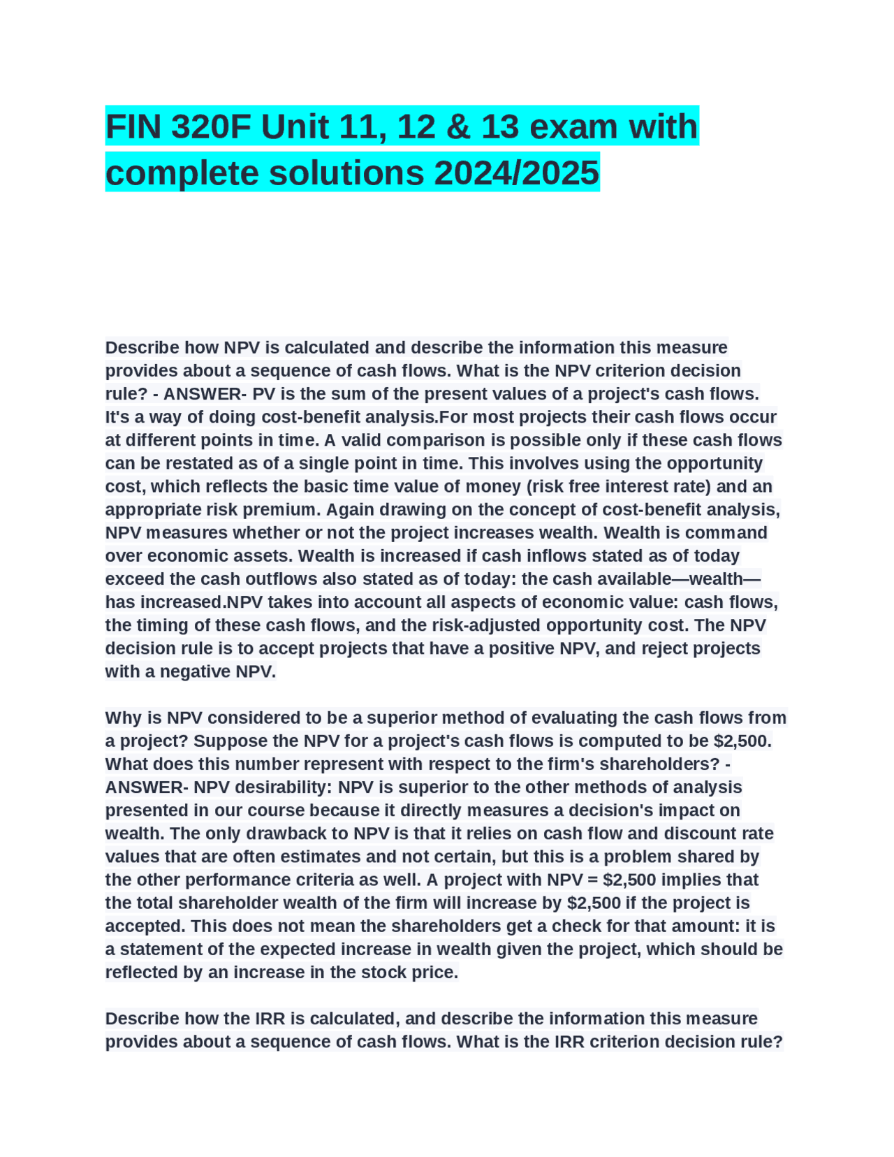 FIN 320F Unit 11, 12 & 13 exam with complete solutions 2024_2025.docx ...