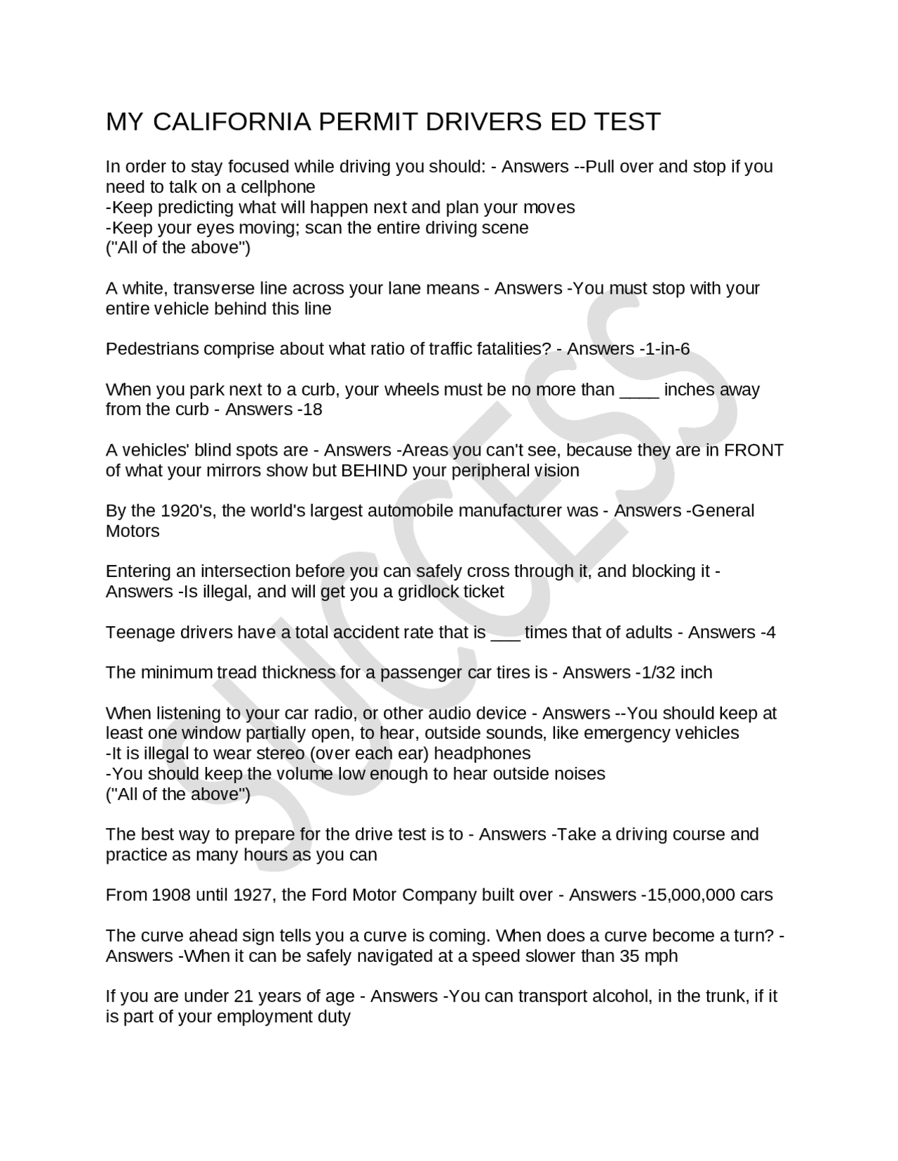 MY CALIFORNIA PERMIT DRIVERS ED TEST | Exams Social Sciences | Docsity