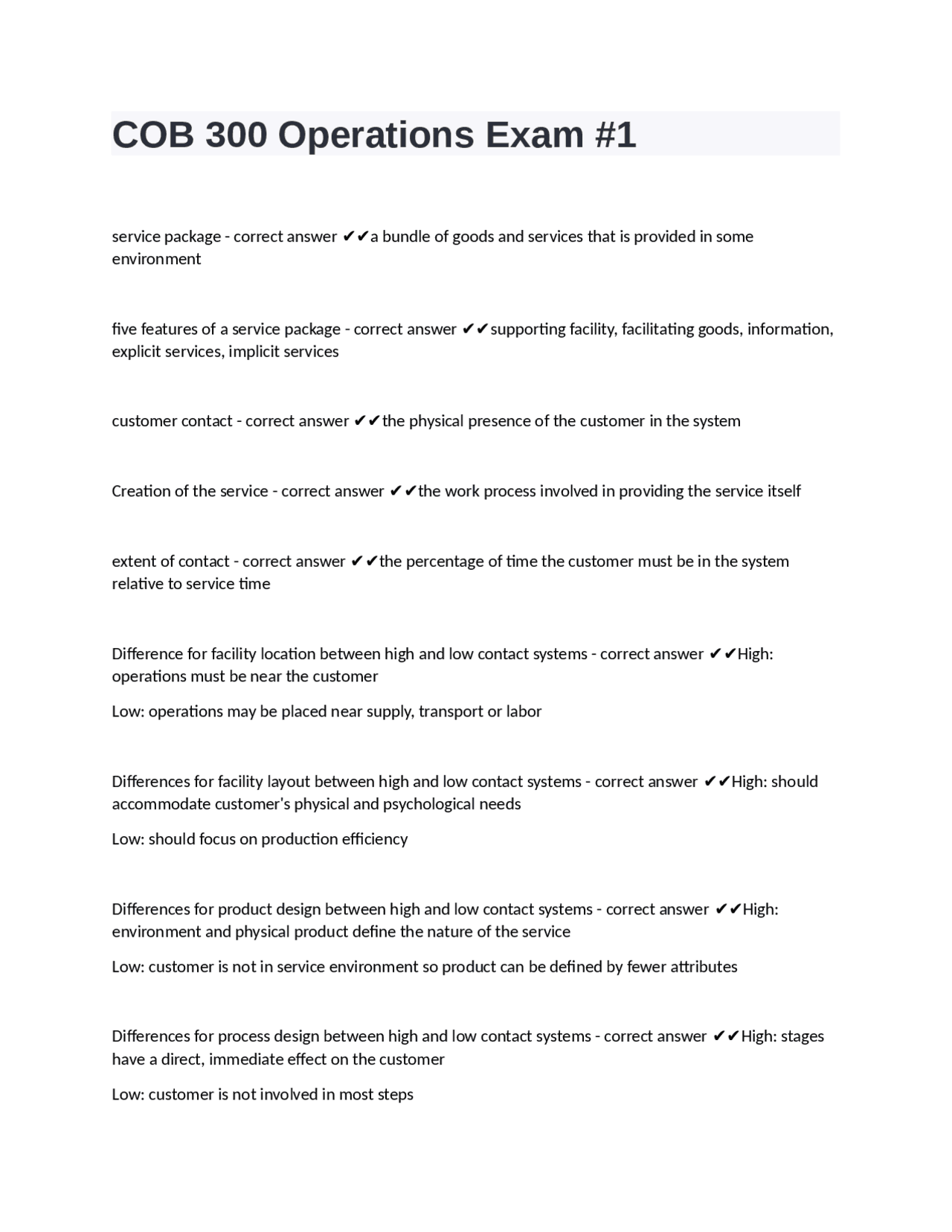 COB 300 Operations Exam #1 questions with answers | Exams Nursing | Docsity