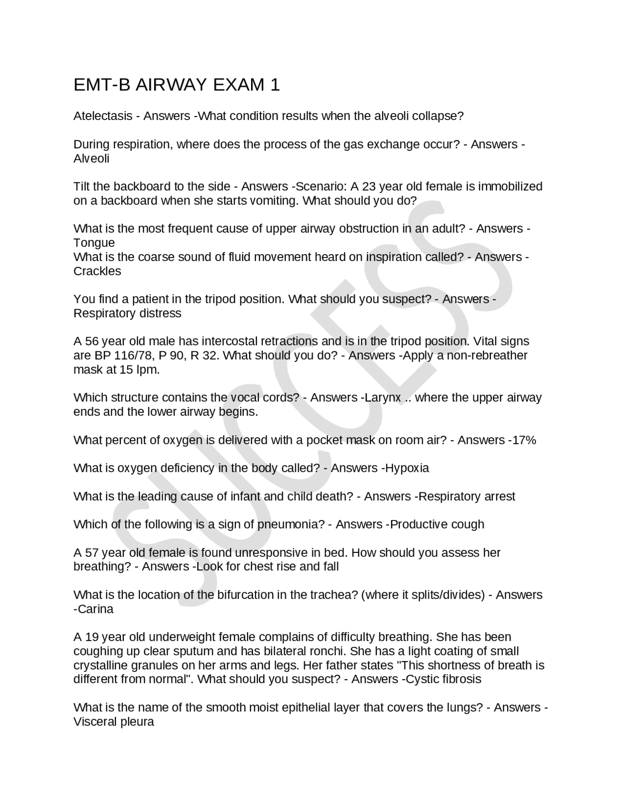 EMT-B AIRWAY EXAM 1 QUESTIONS AND ANSWERS | Exams Nursing | Docsity