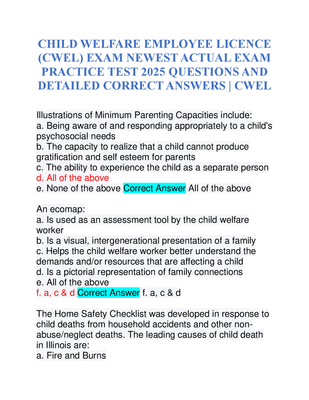 CHILD WELFARE EMPLOYEE LICENCE (CWEL) EXAM NEWEST ACTUAL EXAM PRACTICE ...
