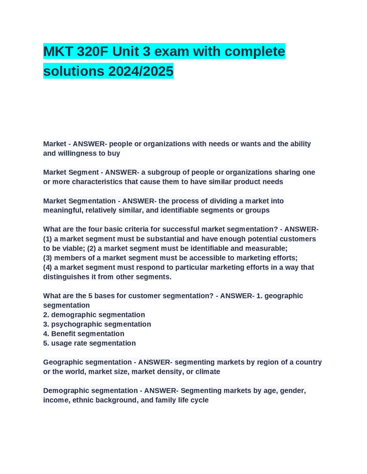 MKT 320F Unit 3 exam with complete solutions 2024_2025.docx | Exams ...