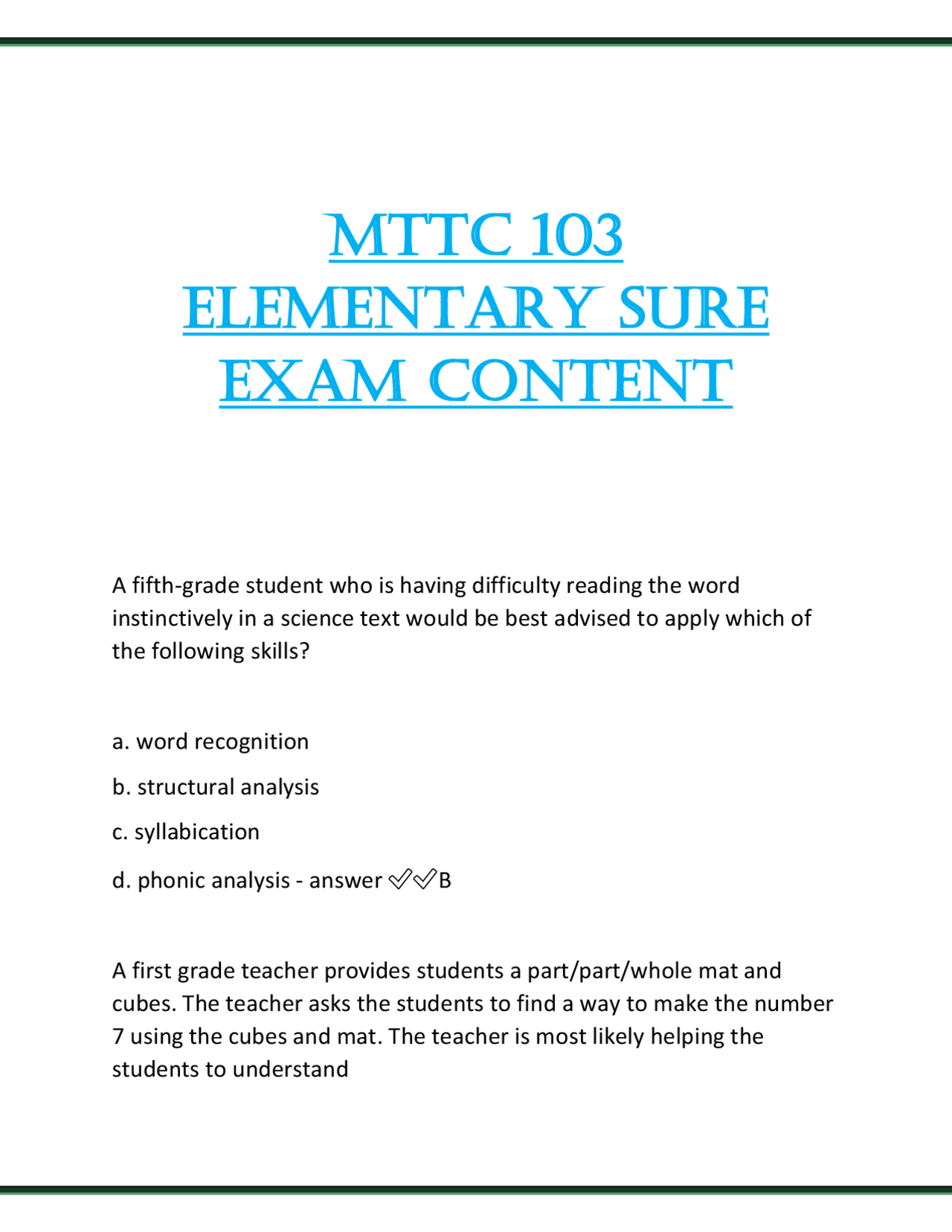 MTTC 103 Elementary sure exam content | Exams Nursing | Docsity
