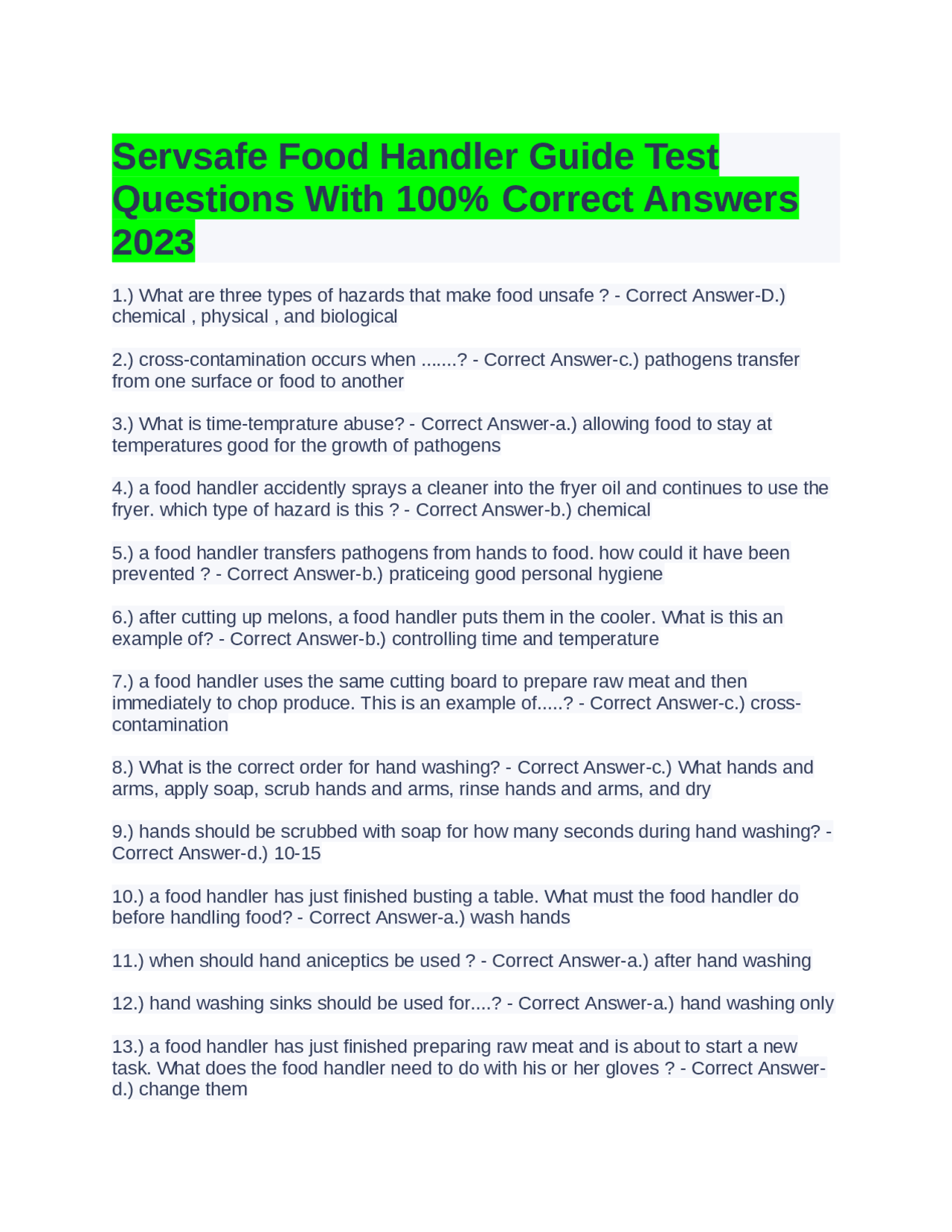 Servsafe Food Handler Guide Test Questions With 100% Correct Answers ...