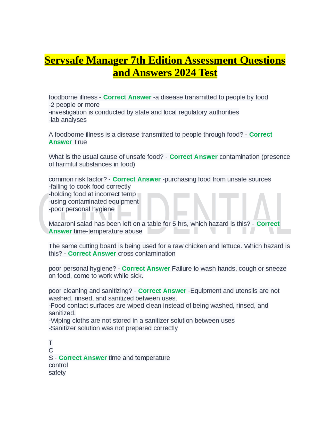 Servsafe Manager 7th Edition Assessment Questions and Answers 2024 Test ...