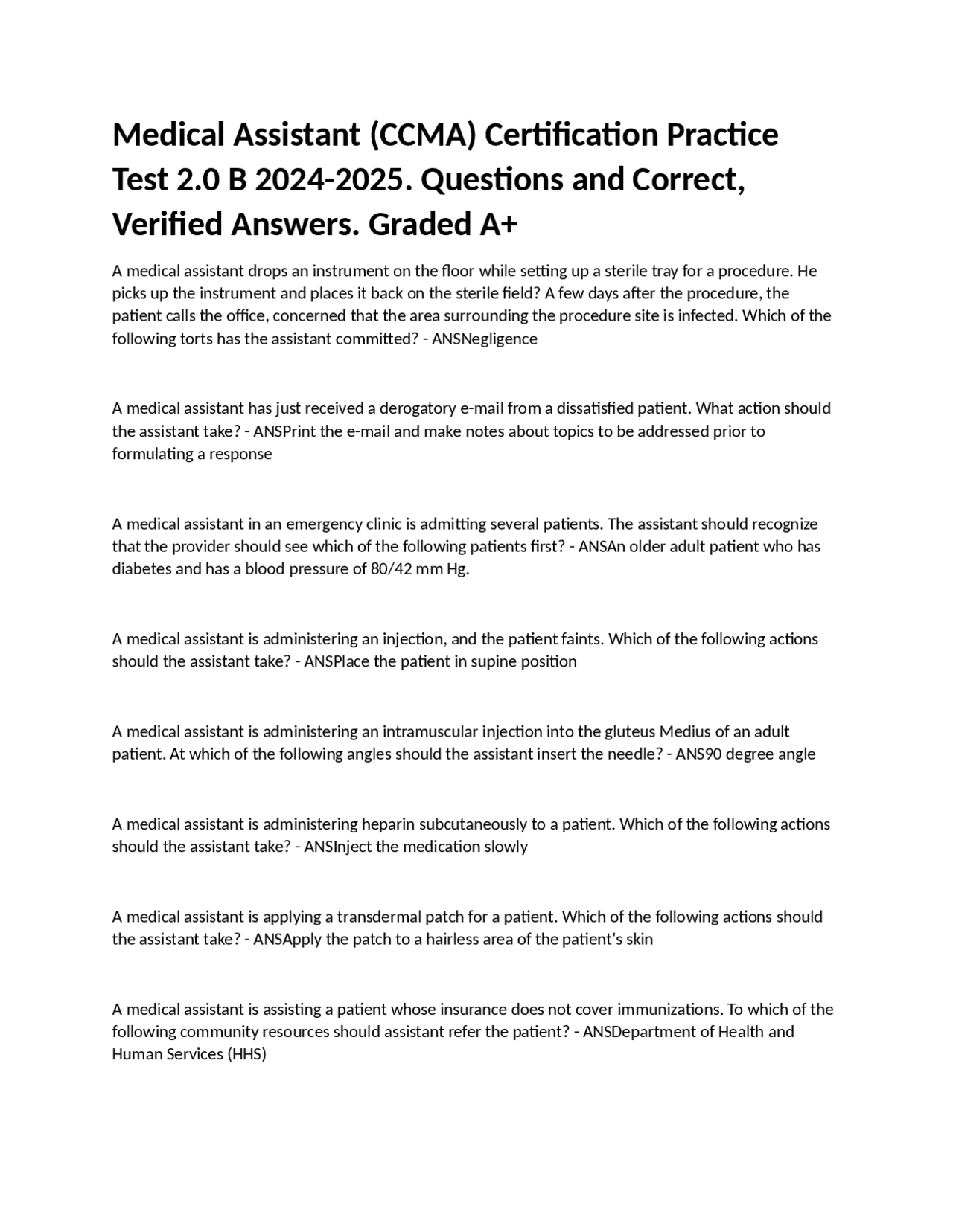 Medical Assistant (CCMA) Certification Practice Test 2.0 B 2024-2025. Q ...