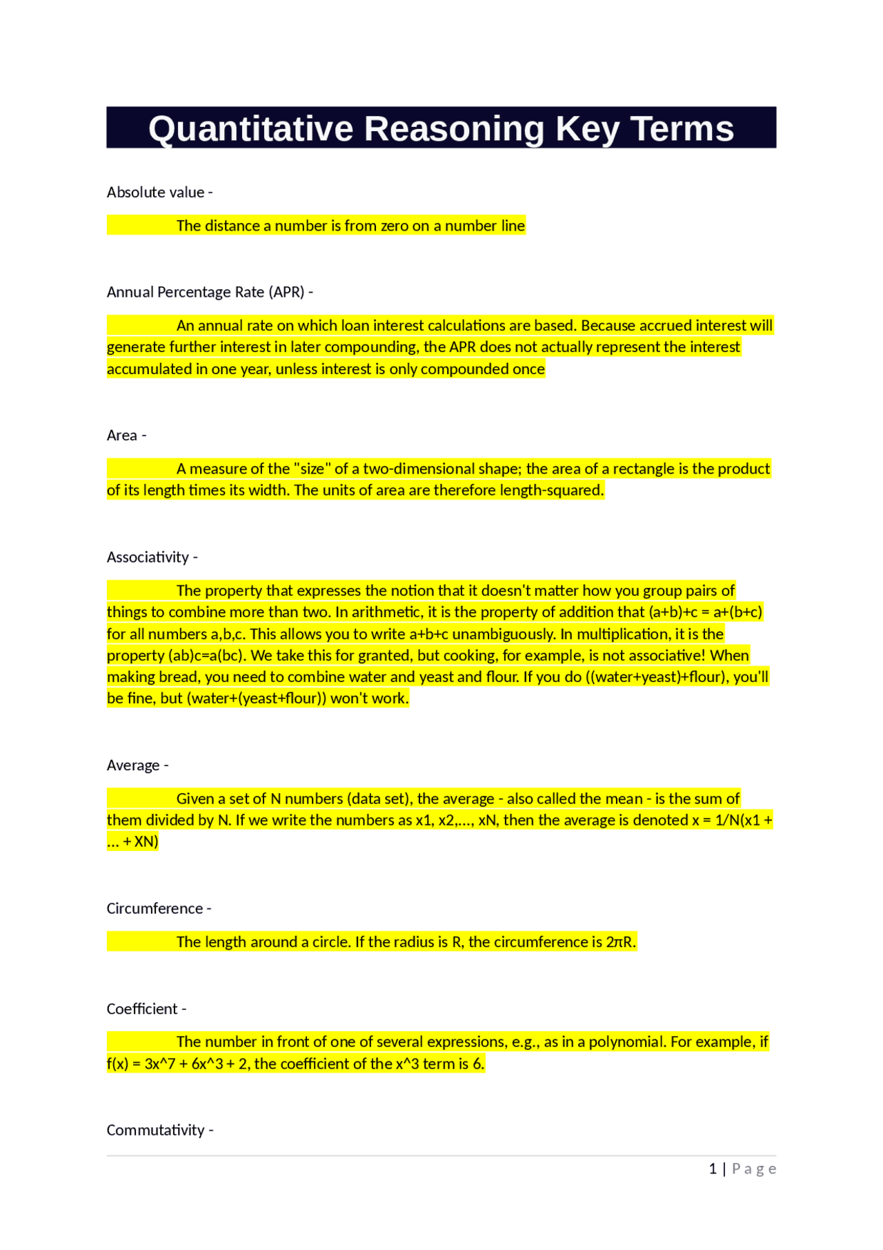 Quantitative Reasoning Key Terms | Exams Mathematics | Docsity