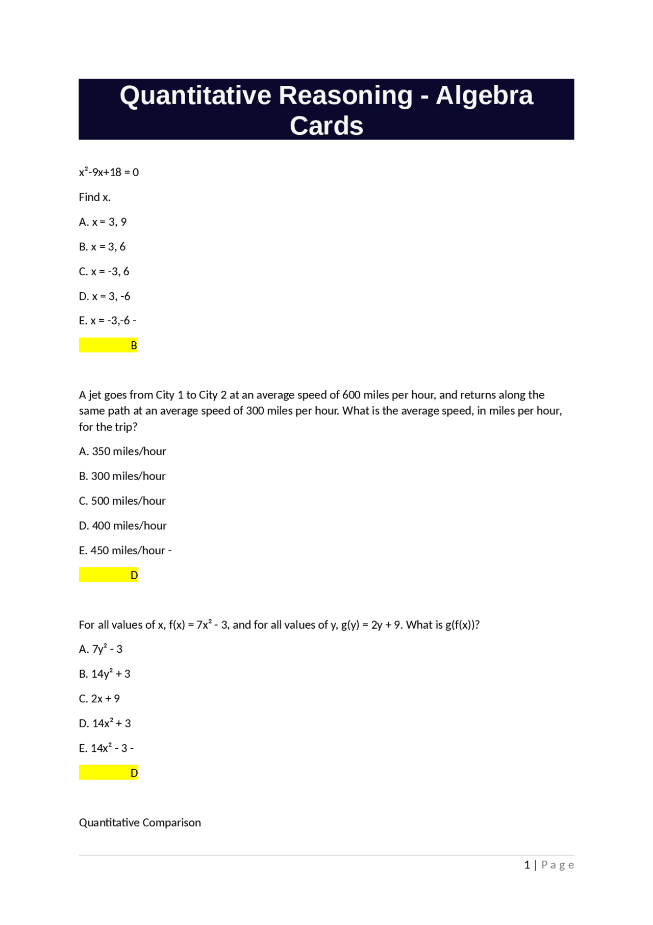 Quantitative Reasoning - Algebra | Exams Quantitative Techniques | Docsity