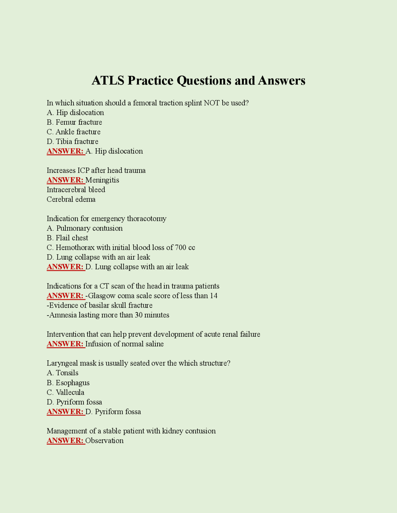 ATLS Practice Questions and Answers 2024/2025 | Exams Nursing | Docsity