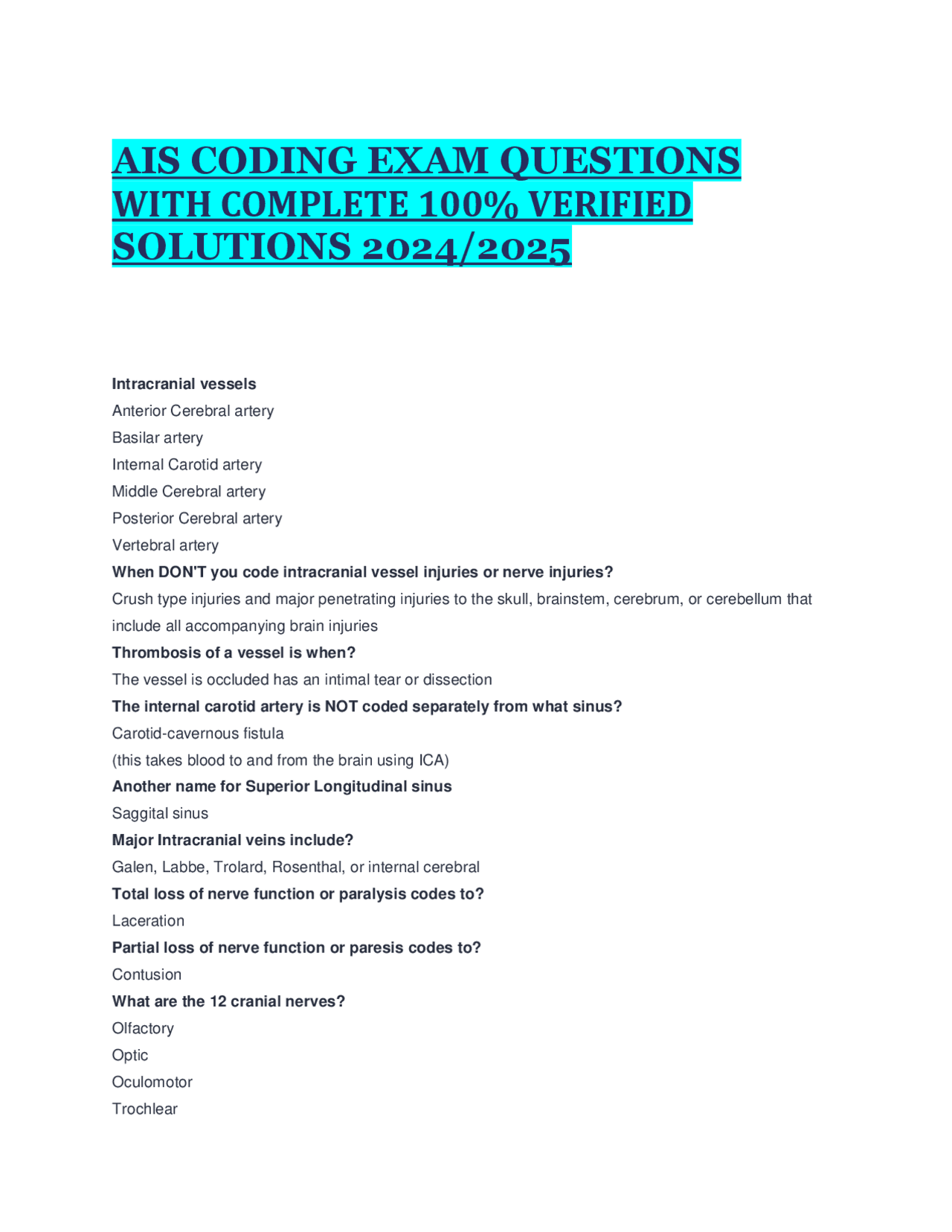 AIS CODING EXAM QUESTIONS WITH COMPLETE 100% VERIFIED SOLUTIONS 2024/ ...