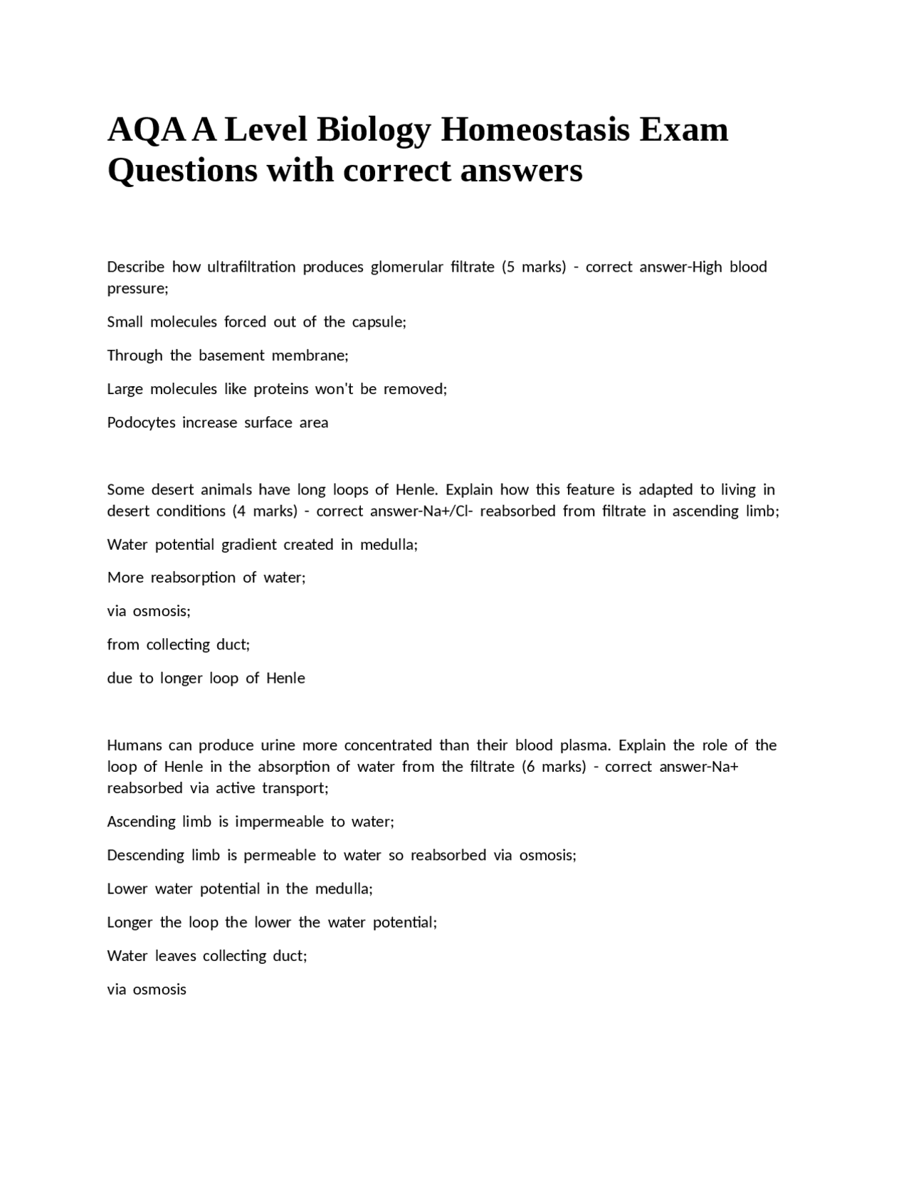 AQA A Level Biology Homeostasis Exam Questions with correct answers ...