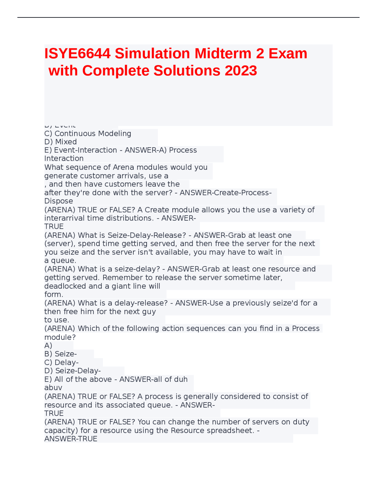 Arena Simulation Modeling Concepts | Exams English Literature | Docsity