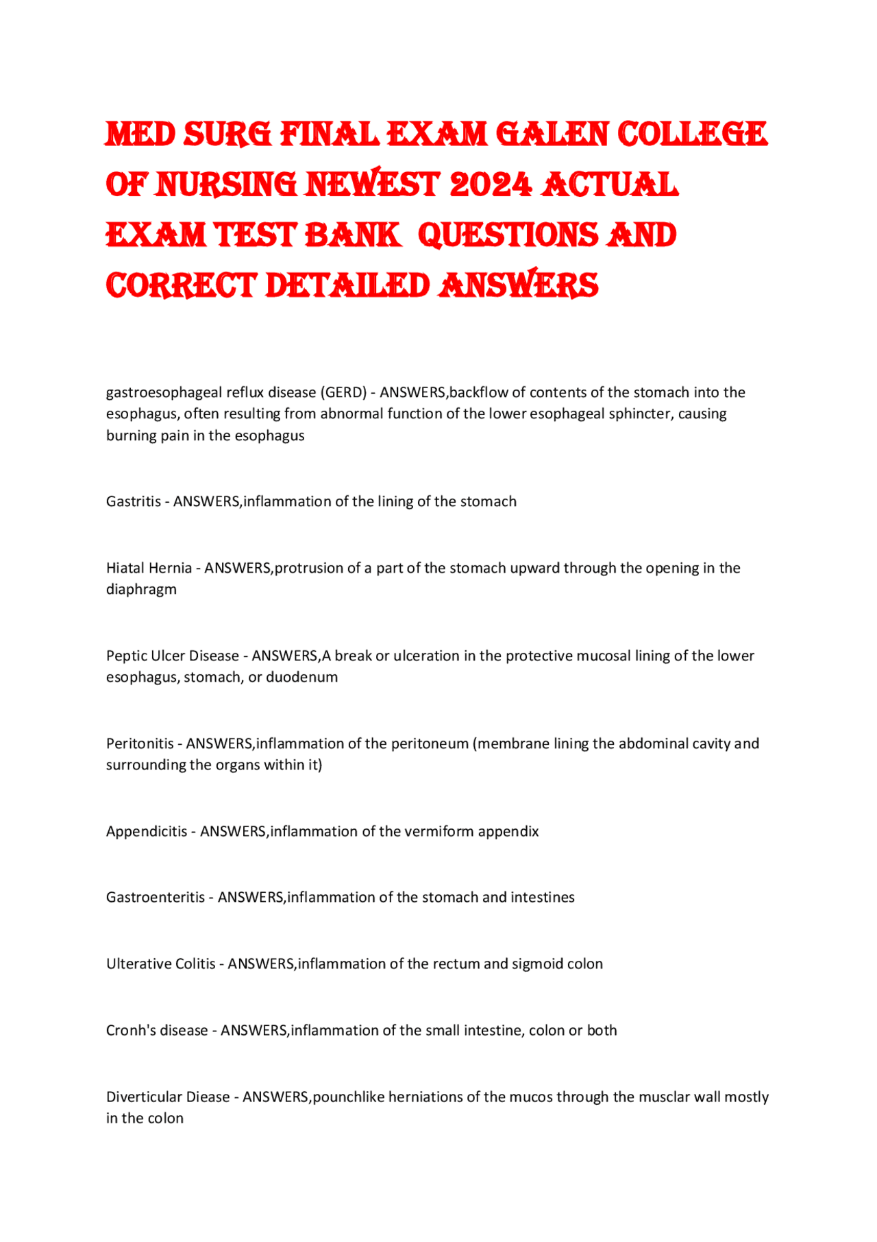 MED SURG FINAL EXAM GALEN COLLEGE OF NURSING NEWEST 2024 | Exams Nursing | Docsity