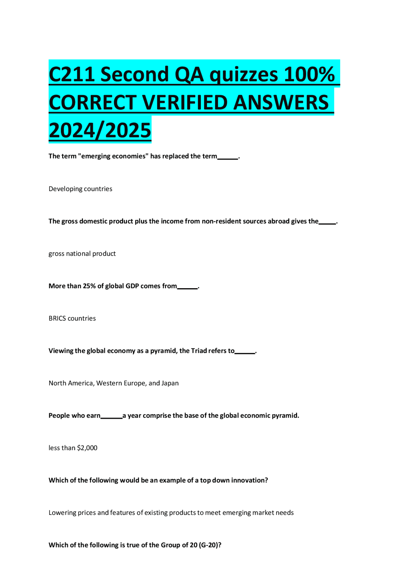 C211 Second QA quizzes 100% CORRECT VERIFIED ANSWERS 2024/2025 | Exams ...