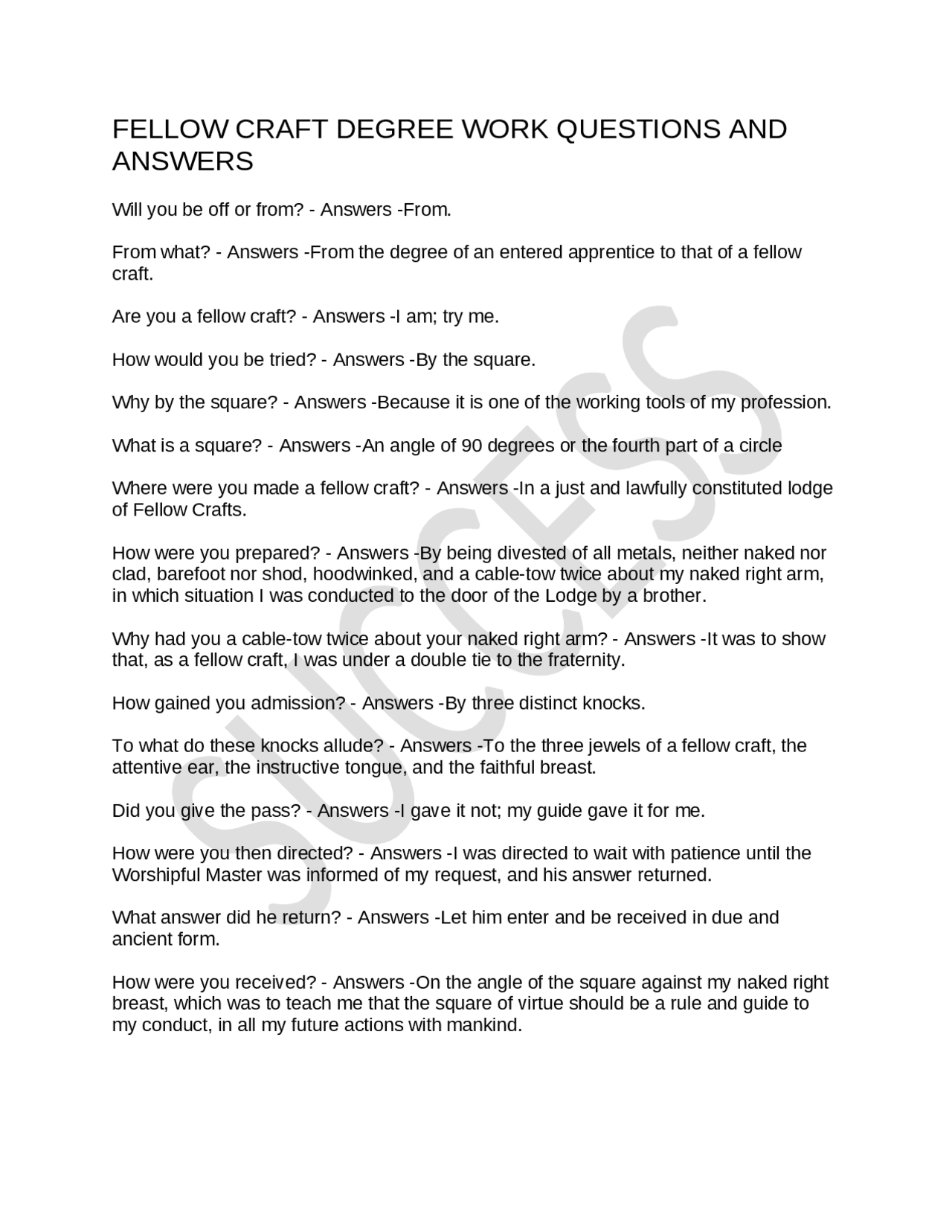 FELLOW CRAFT DEGREE WORK QUESTIONS AND ANSWERS | Exams Social Sciences ...