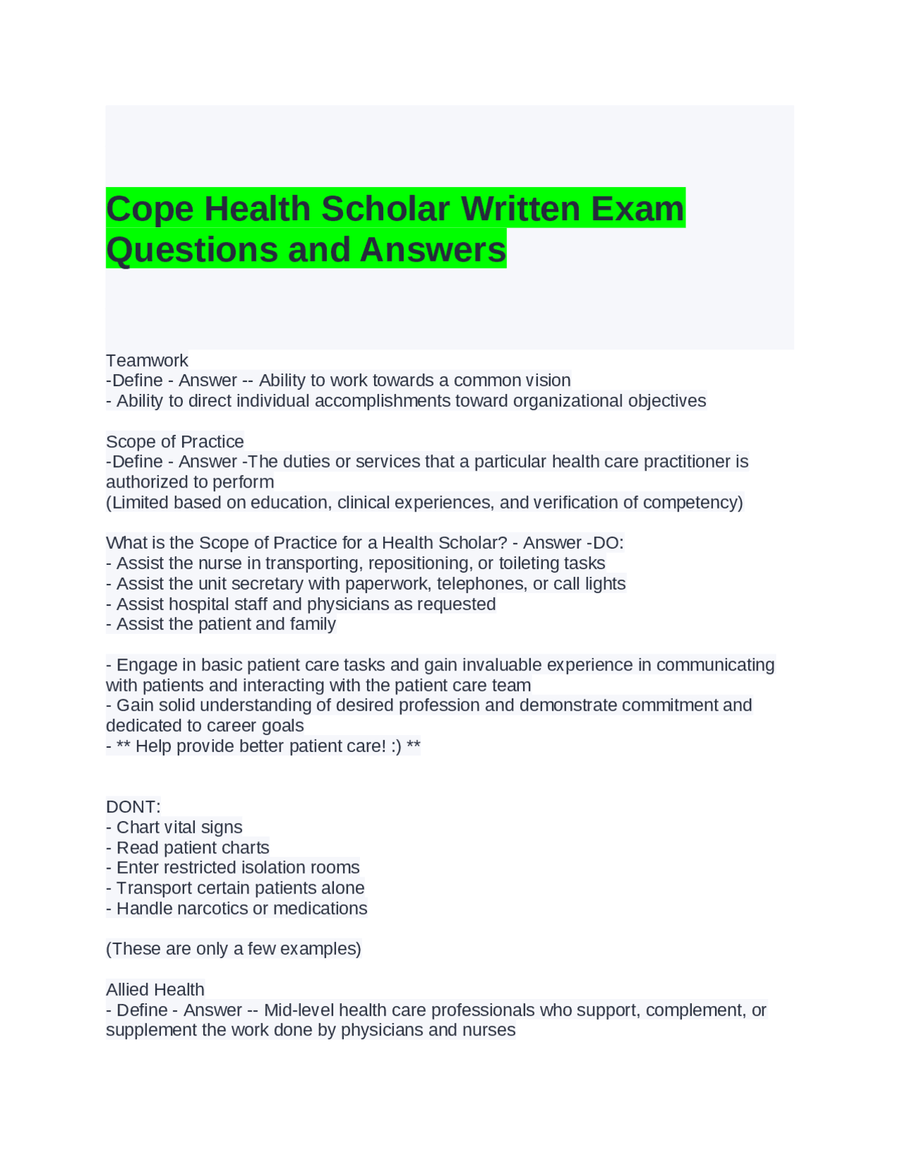 Cope Health Scholar Written Exam - Questions and Answers | Exams ...