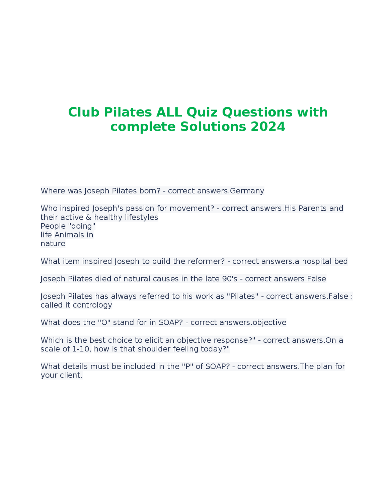 Club Pilates ALL Quiz Questions with complete Solutions 2024 | Exams ...