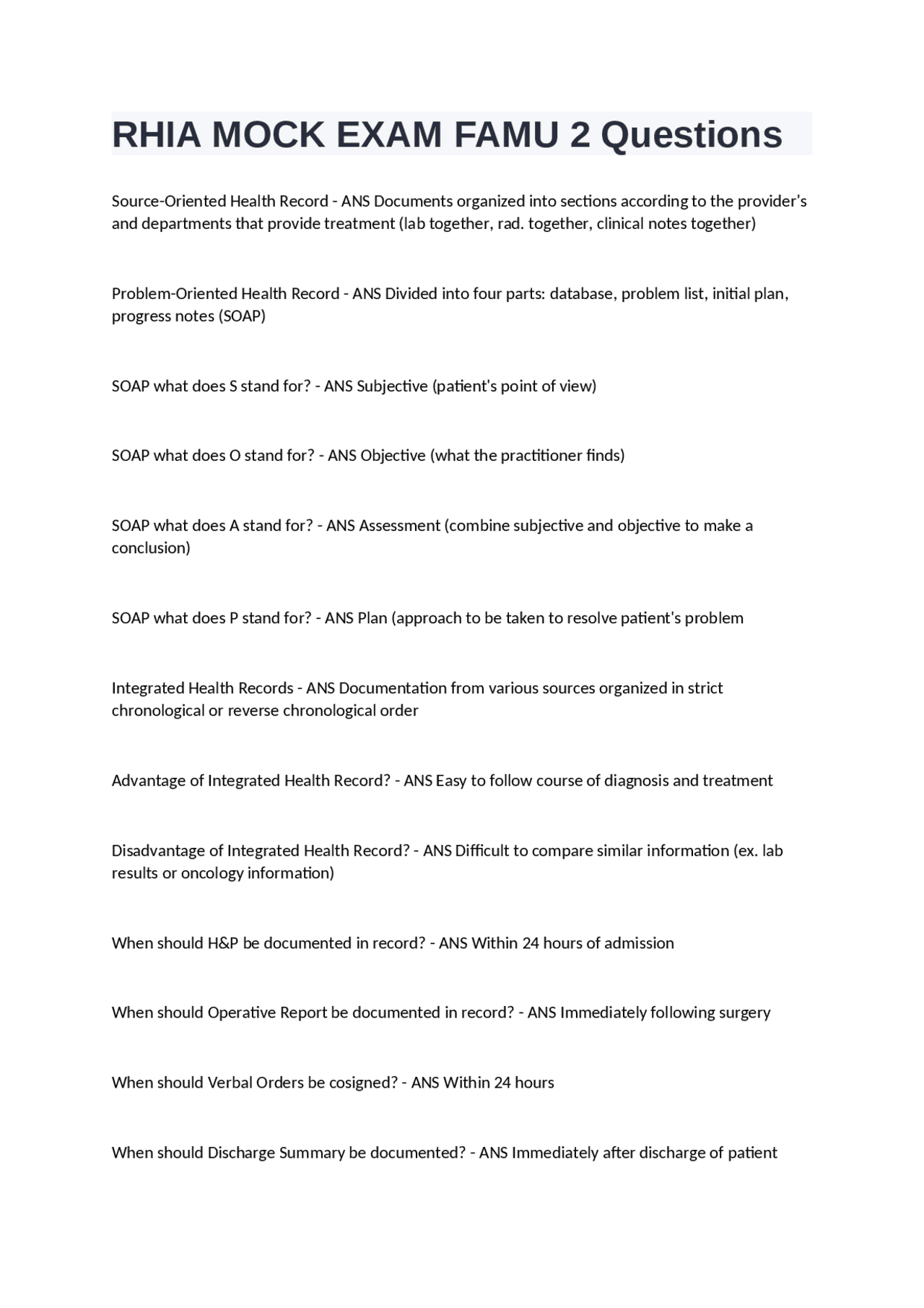 RHIA MOCK EXAM FAMU 2 Questions And Answers | Exams Medicine | Docsity