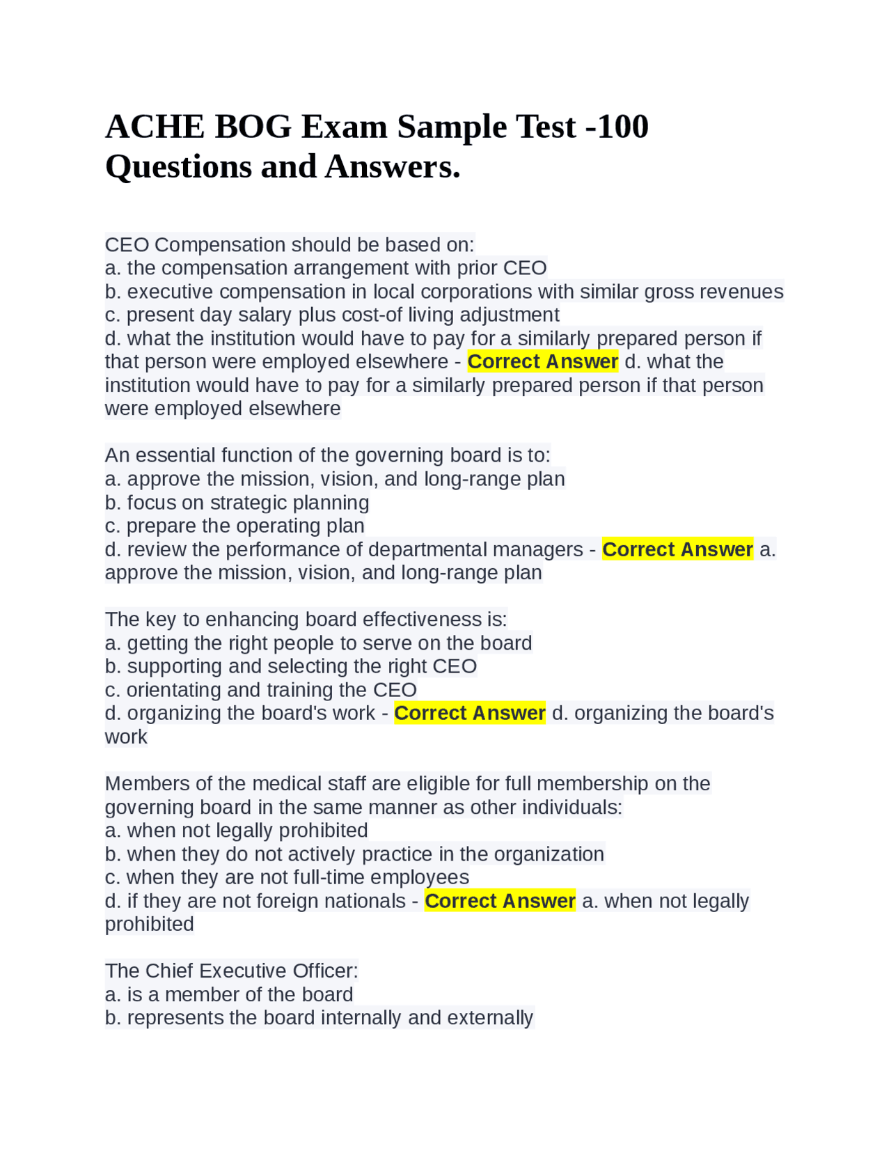 ACHE BOG Exam Sample Test -100 Questions and Answers. | Exams Medicine ...