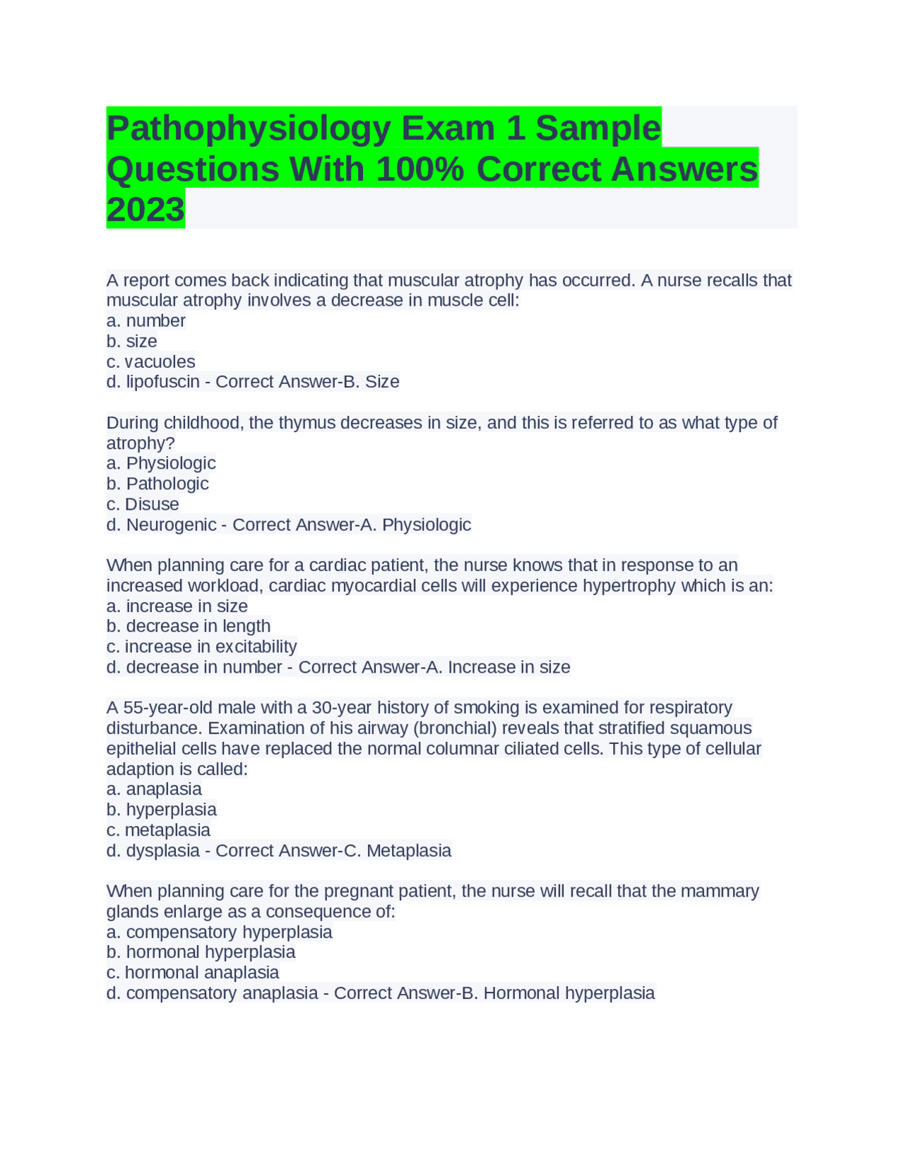 Pathophysiology Exam 1 Sample Questions With 100% Correct Answers 2023 ...