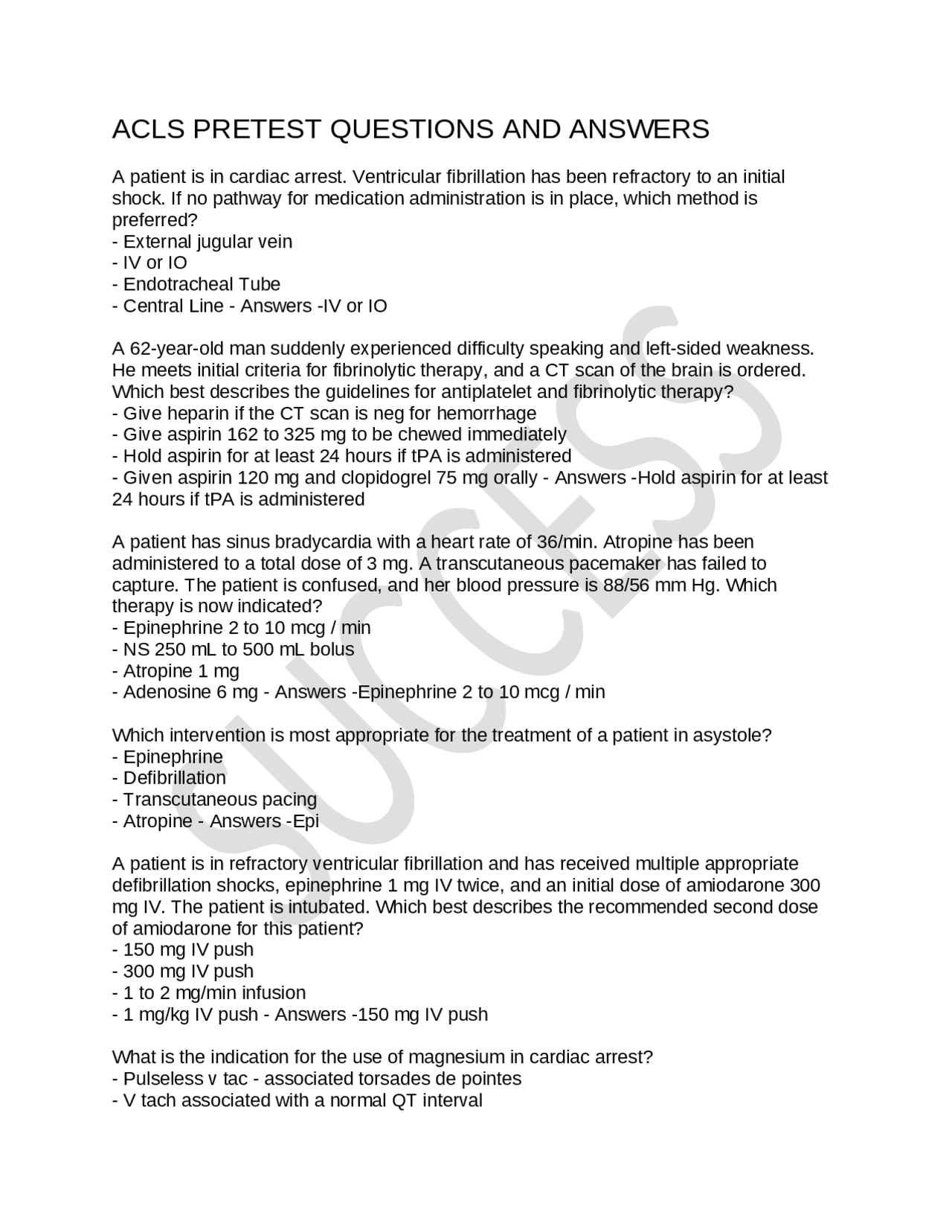 ACLS PRETEST QUESTIONS AND ANSWERS | Exams Nursing | Docsity