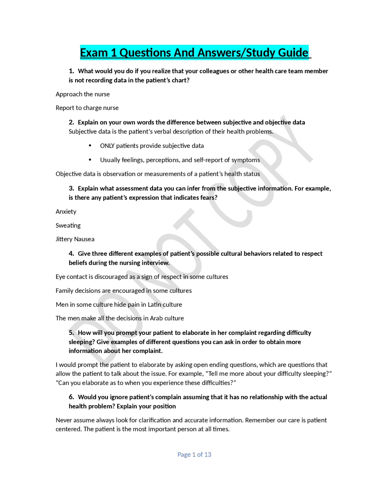 Exam 1 Questions And Answers/Study Guide | Exams Nursing | Docsity