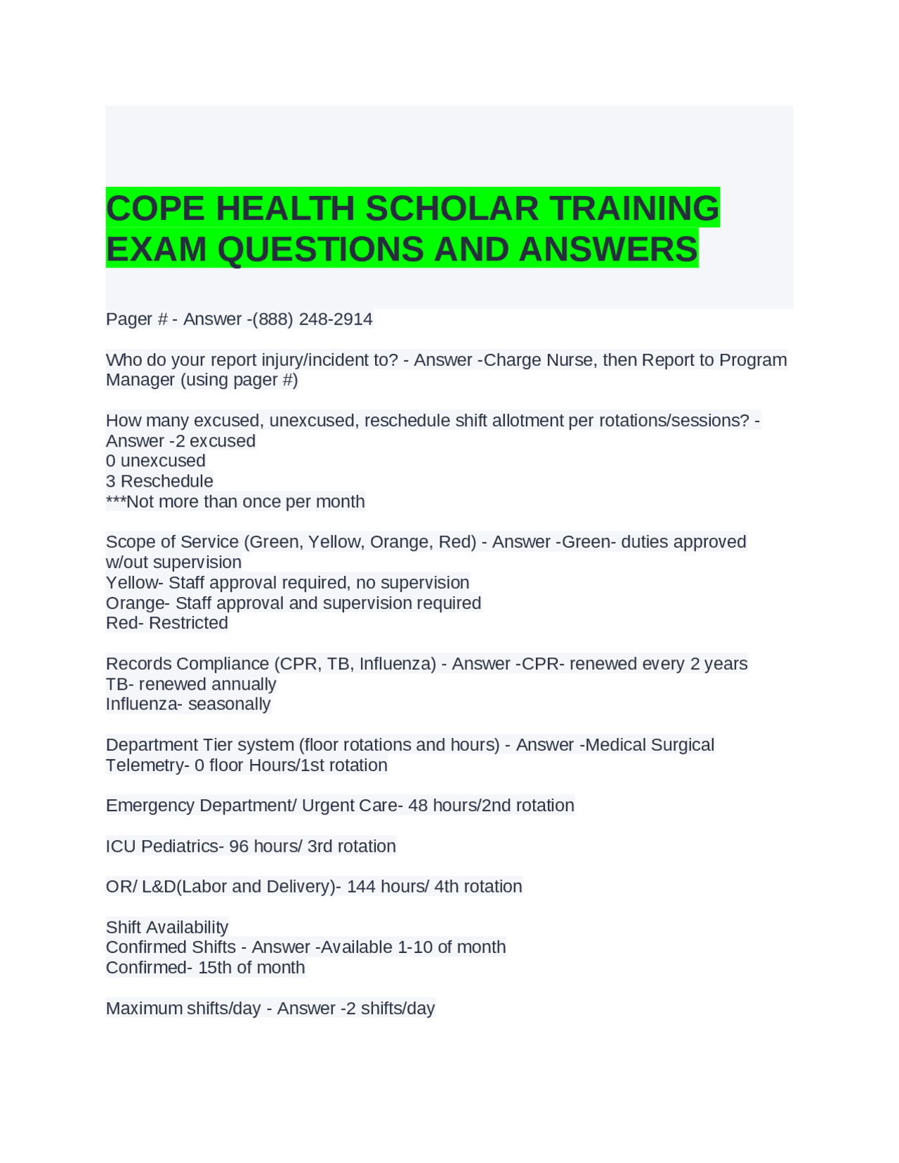 COPE HEALTH SCHOLAR TRAINING EXAM QUESTIONS AND ANSWERS | Exams Nursing ...