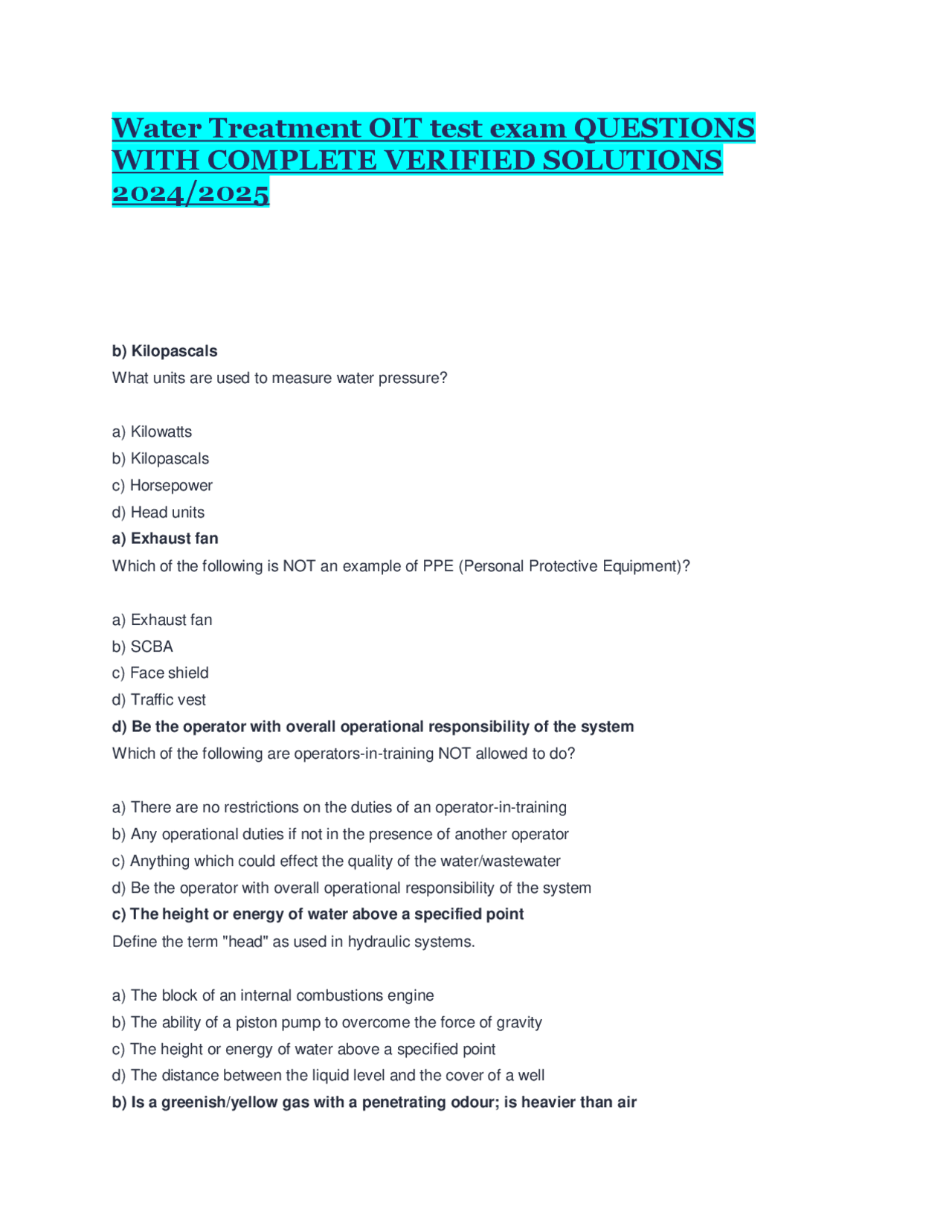 Water Treatment OIT test exam QUESTIONS WITH COMPLETE VERIFIED ...