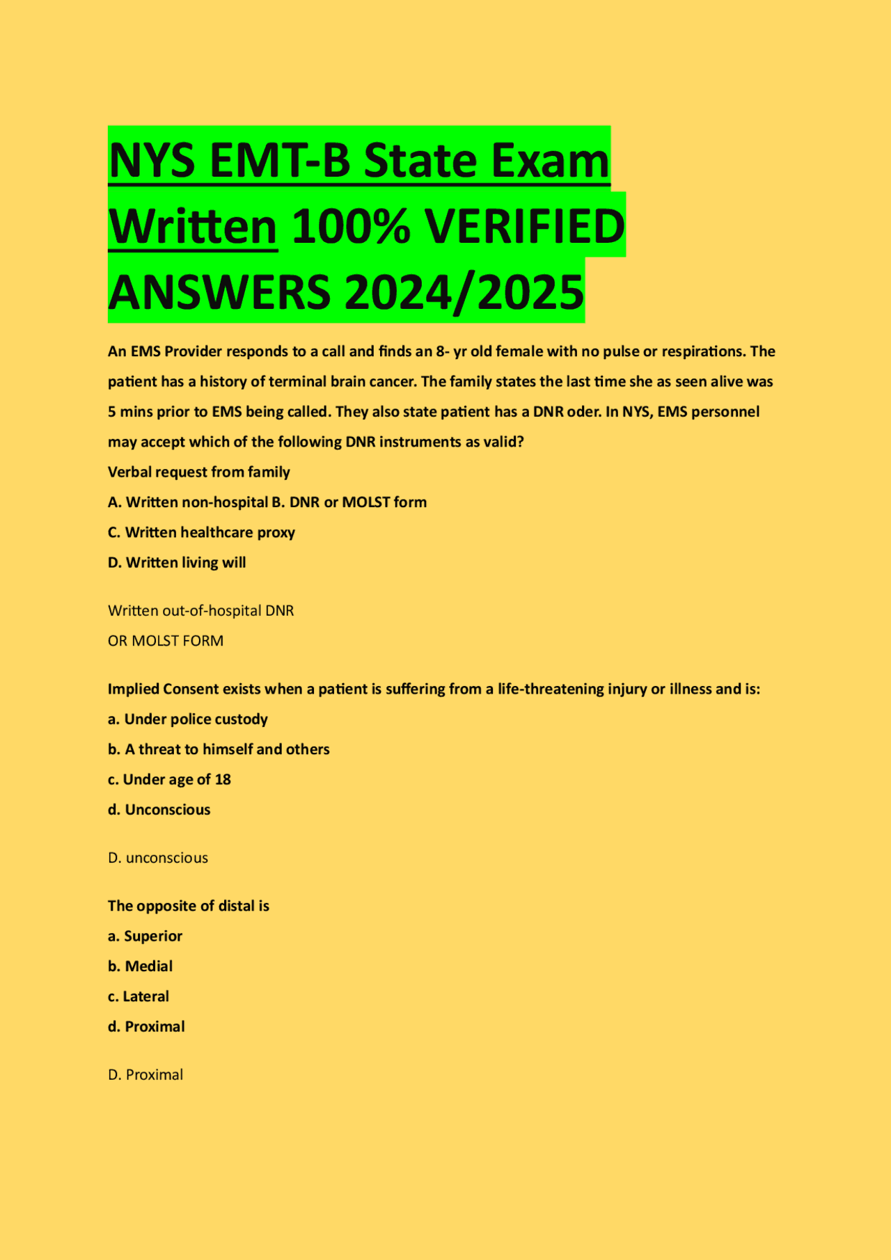 NYS EMT-B State Exam Written 100% VERIFIED ANSWERS 2024/2025 | Exams ...