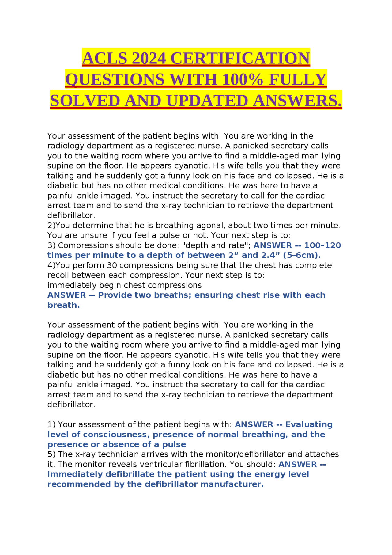 ACLS 2024 CERTIFICATION QUESTIONS WITH 100% FULLY SOLVED AND UPDATED ...