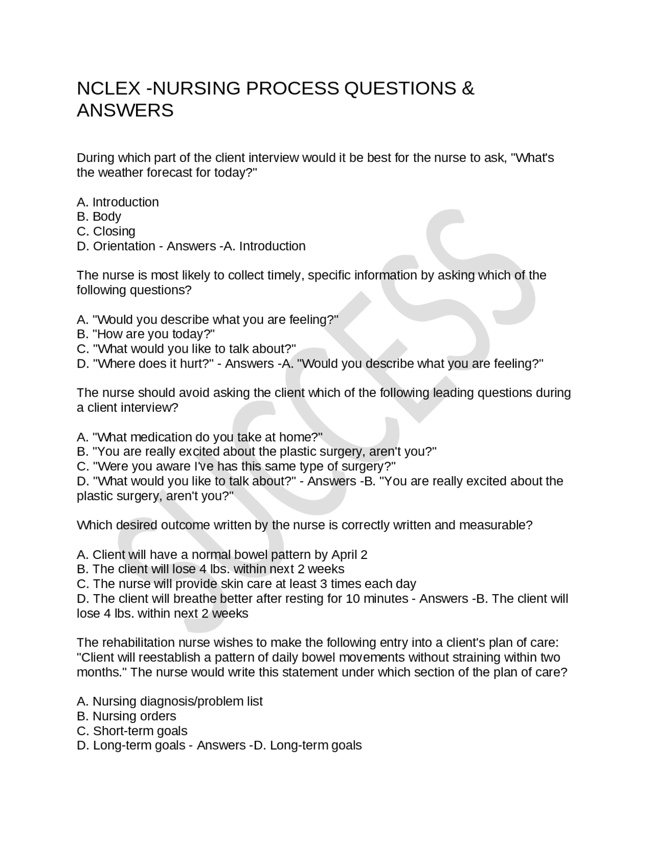 NCLEX -NURSING PROCESS QUESTIONS & ANSWERS | Exams Nursing | Docsity