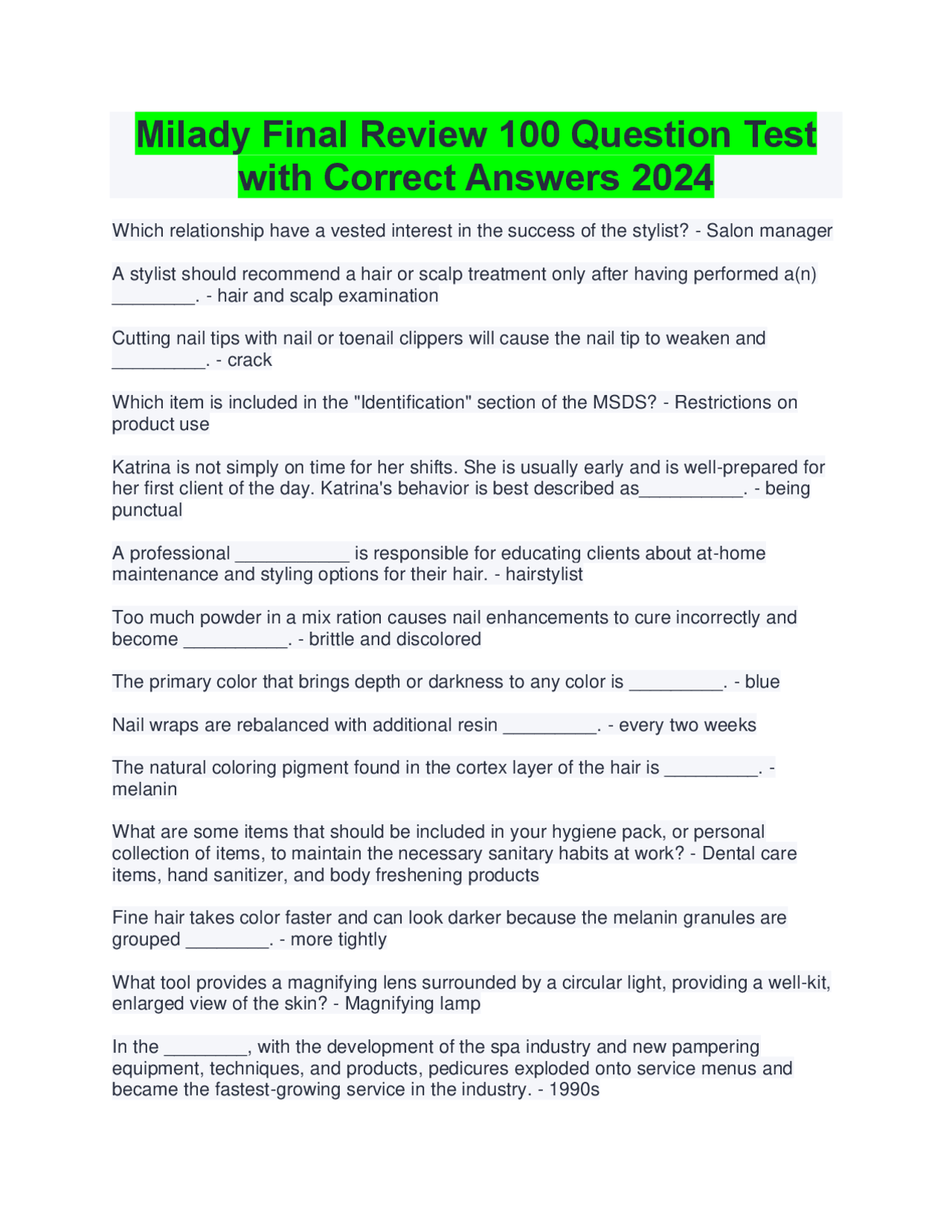 Milady Final Review 100 Question Test with Correct Answers 2024 | Exams ...