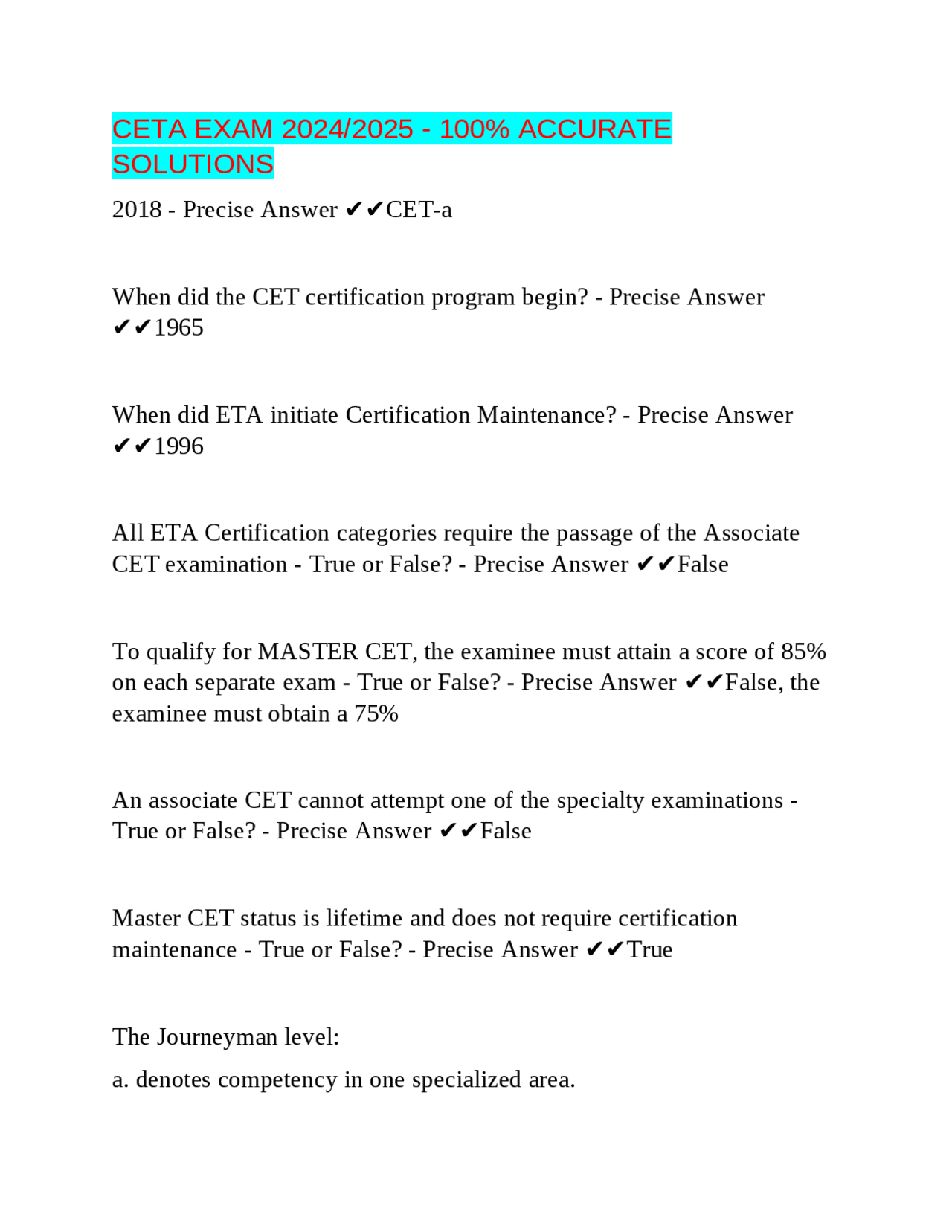 CETA Exam 2024/2025 - 100% Accurate Solutions | Exams Nursing | Docsity