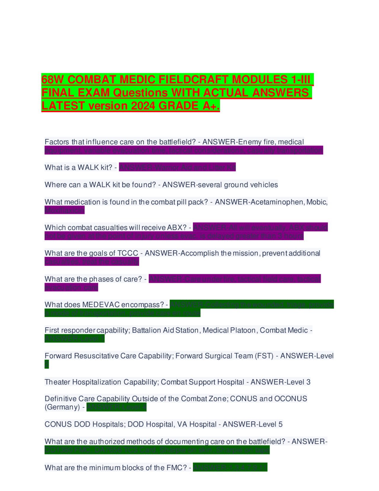 68W COMBAT MEDIC FIELDCRAFT MODULES 1-III FINAL EXAM Questions WITH ...