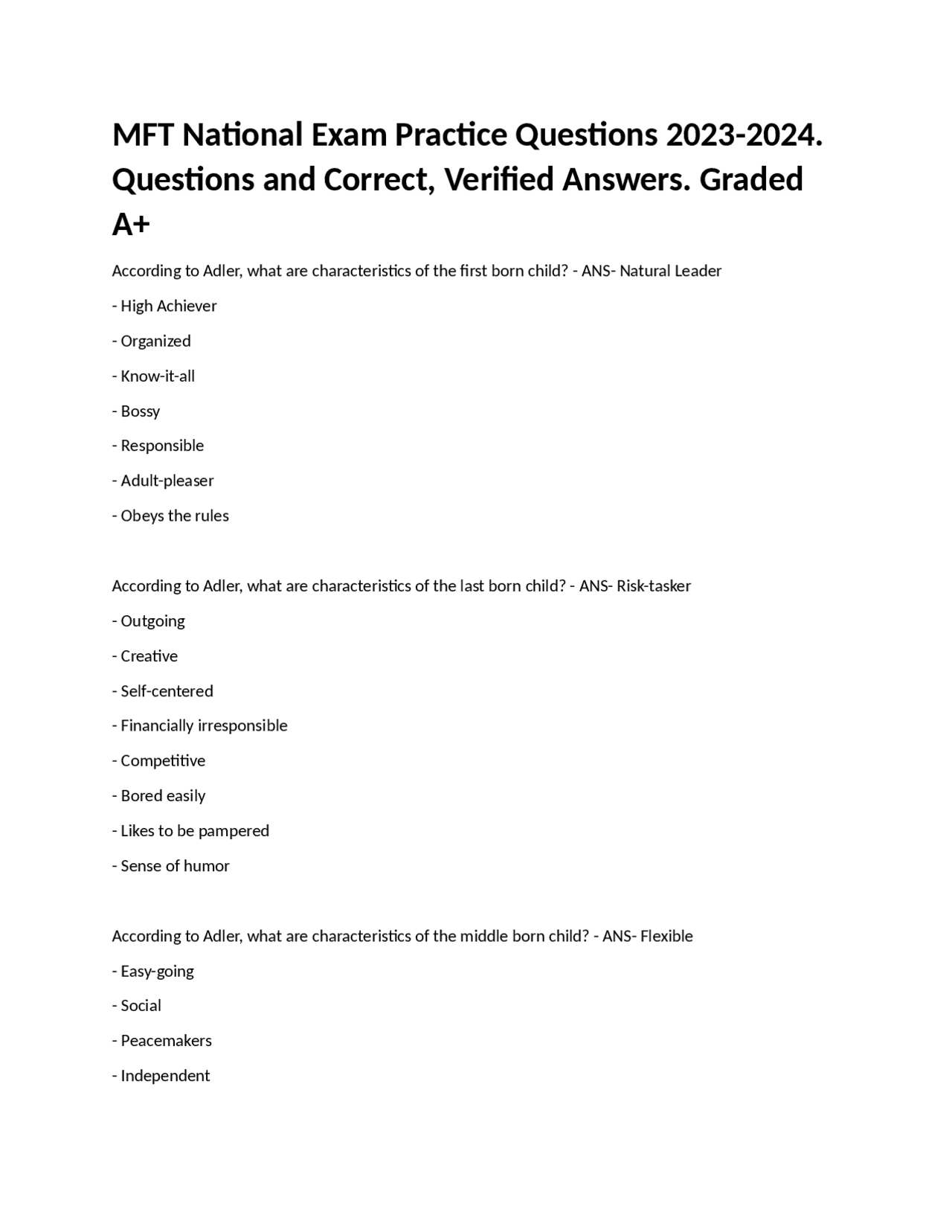 MFT National Exam Practice Questions 2023-2024. Questions and Correct ...