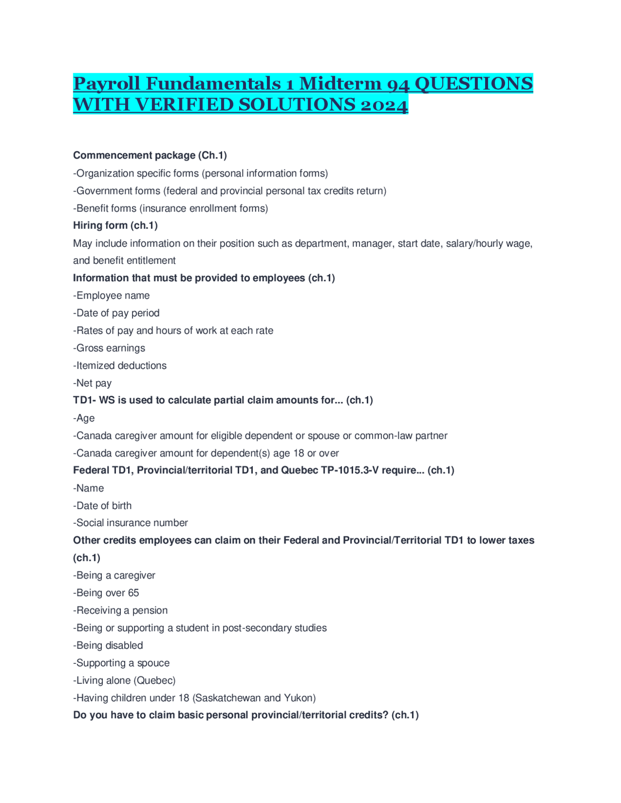Payroll Fundamentals 1 Midterm 94 QUESTIONS WITH VERIFIED SOLUTIONS ...