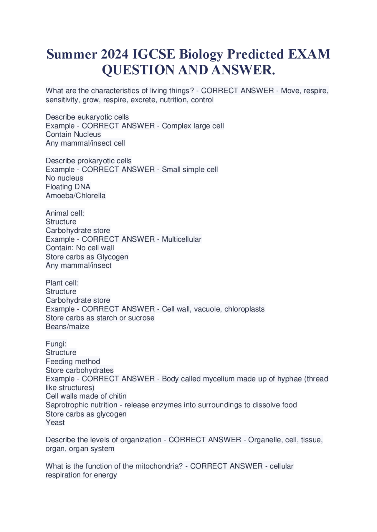 IGCSE Biology Predicted Exam 2024 | Exams Biology | Docsity