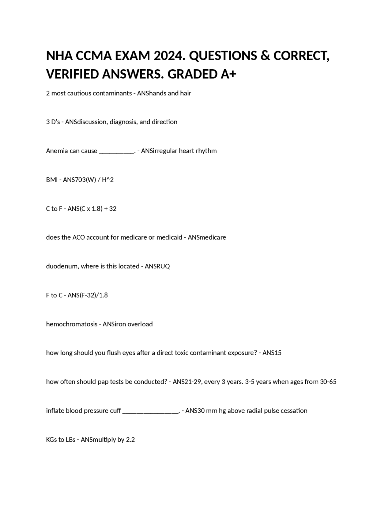 NHA CCMA EXAM 2024. QUESTIONS & CORRECT, VERIFIED ANSWERS. GRADED A+ ...
