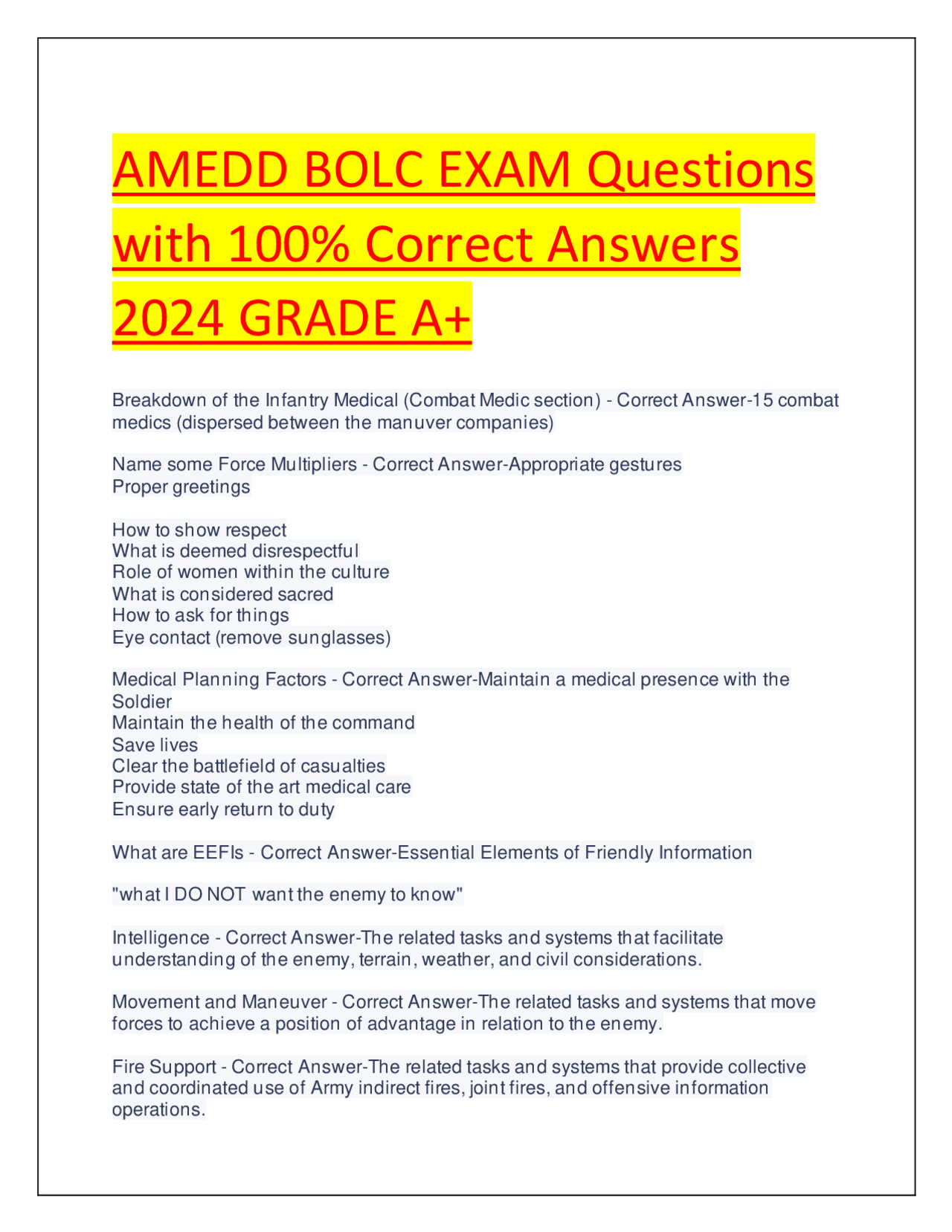 AMEDD BOLC EXAM Questions with 100% Correct Answers 2024 GRADE A+ ...