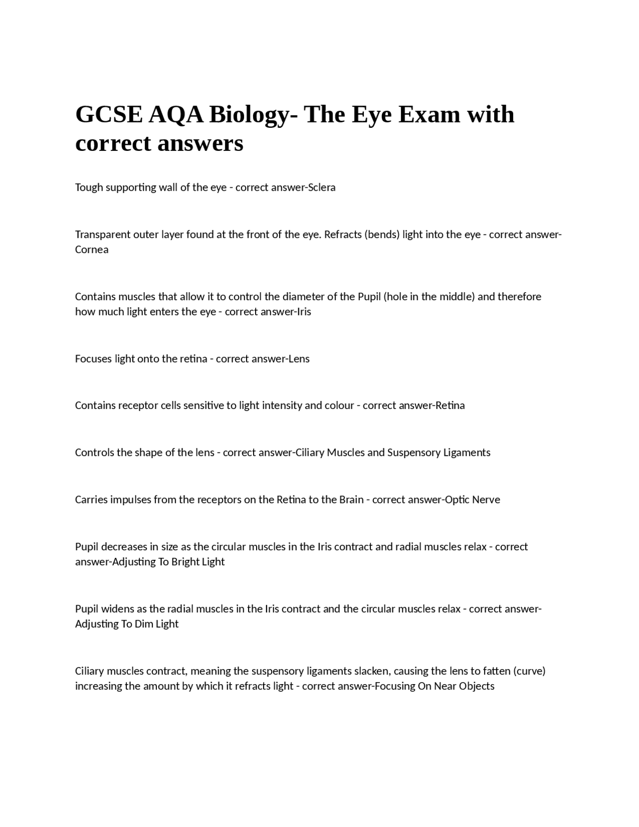 GCSE AQA Biology- The Eye Exam with correct answers. | Exams Biology ...
