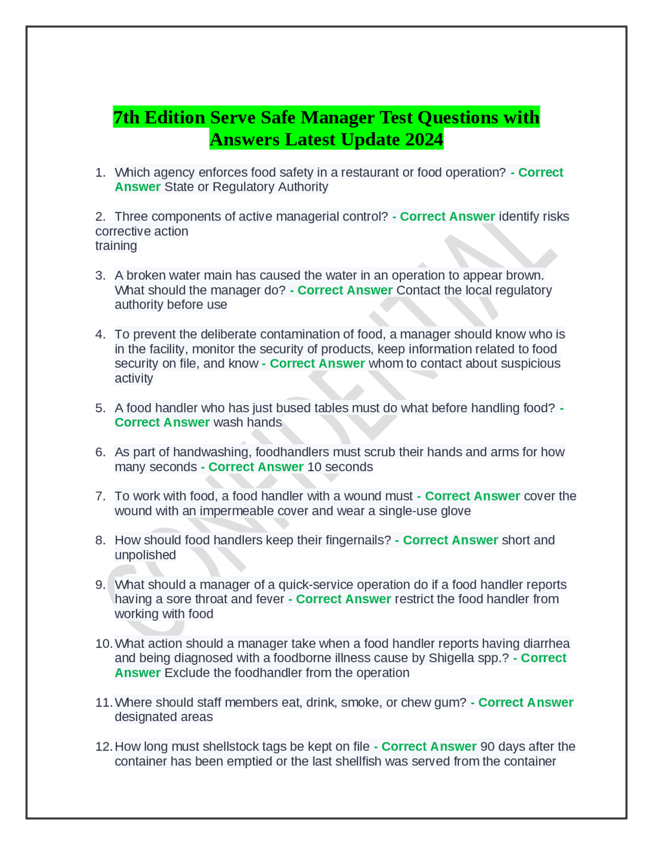 7th Edition Serve Safe Manager Test Questions with Answers Latest ...