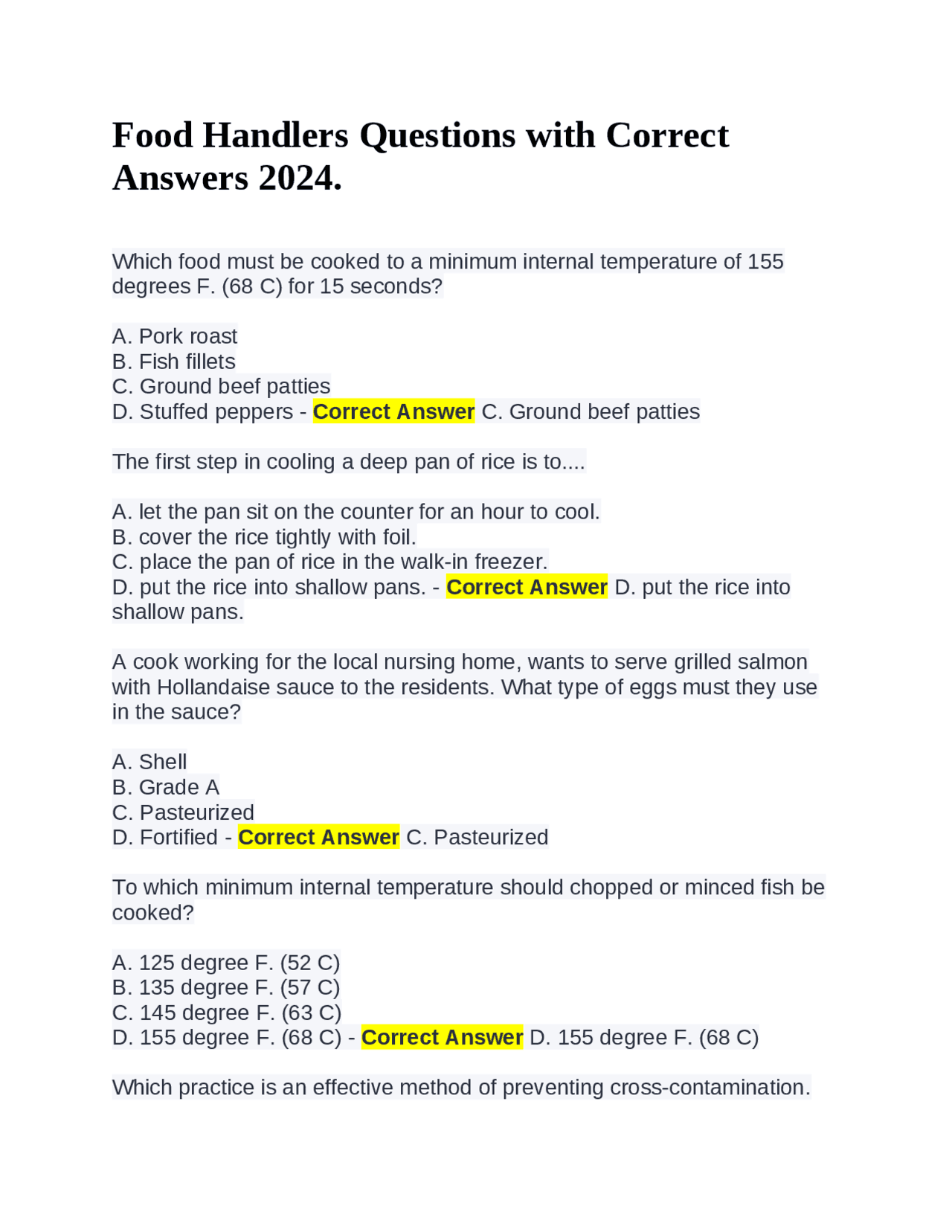 Food Handlers Questions with Correct Answers 2024. | Exams Food science ...