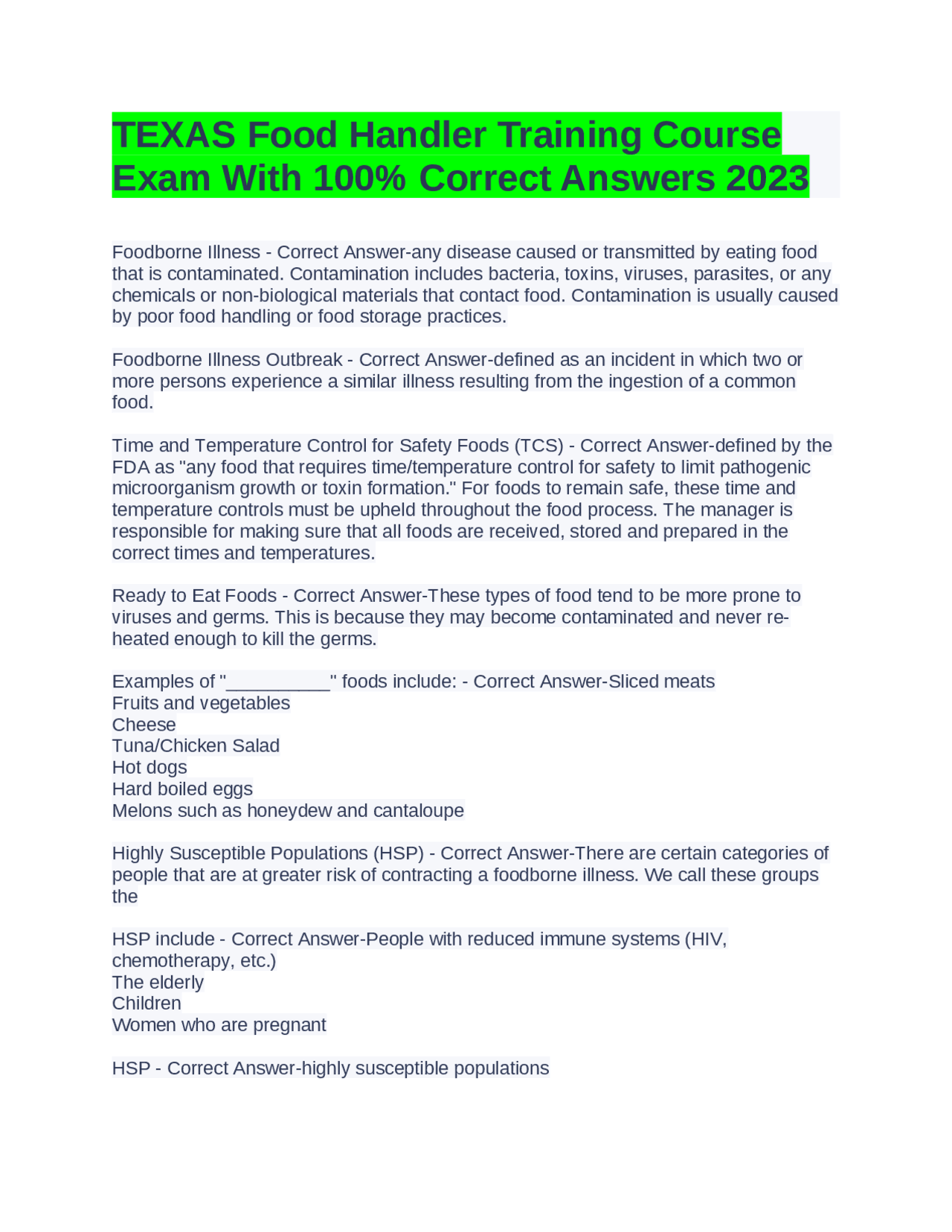TEXAS Food Handler Training Course Exam With 100% Correct Answers 2023 ...