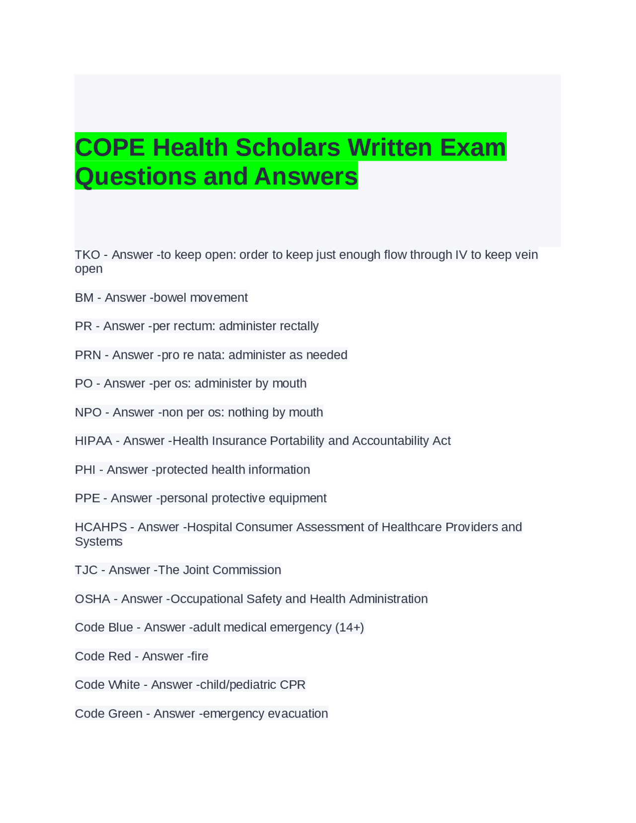 COPE Health Scholars Written Exam Questions and Answers | Exams Nursing ...