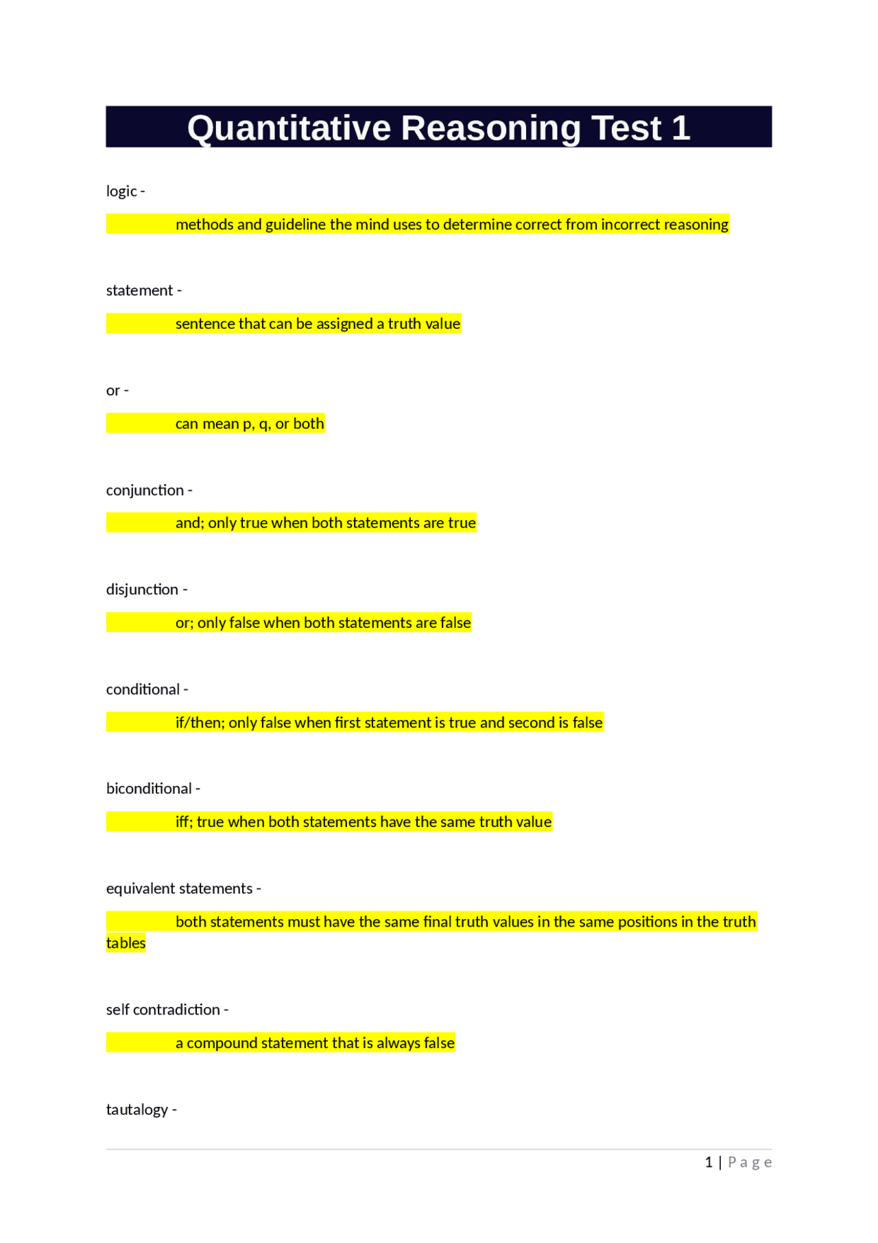 Quantitative Reasoning Test 1 Fundamentals Of Logic And Set Theory