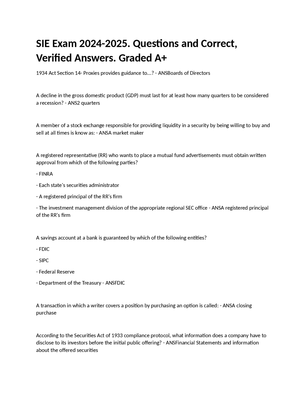 SIE Exam 2024-2025. Questions and Correct, Verified Answers. Graded A+ ...