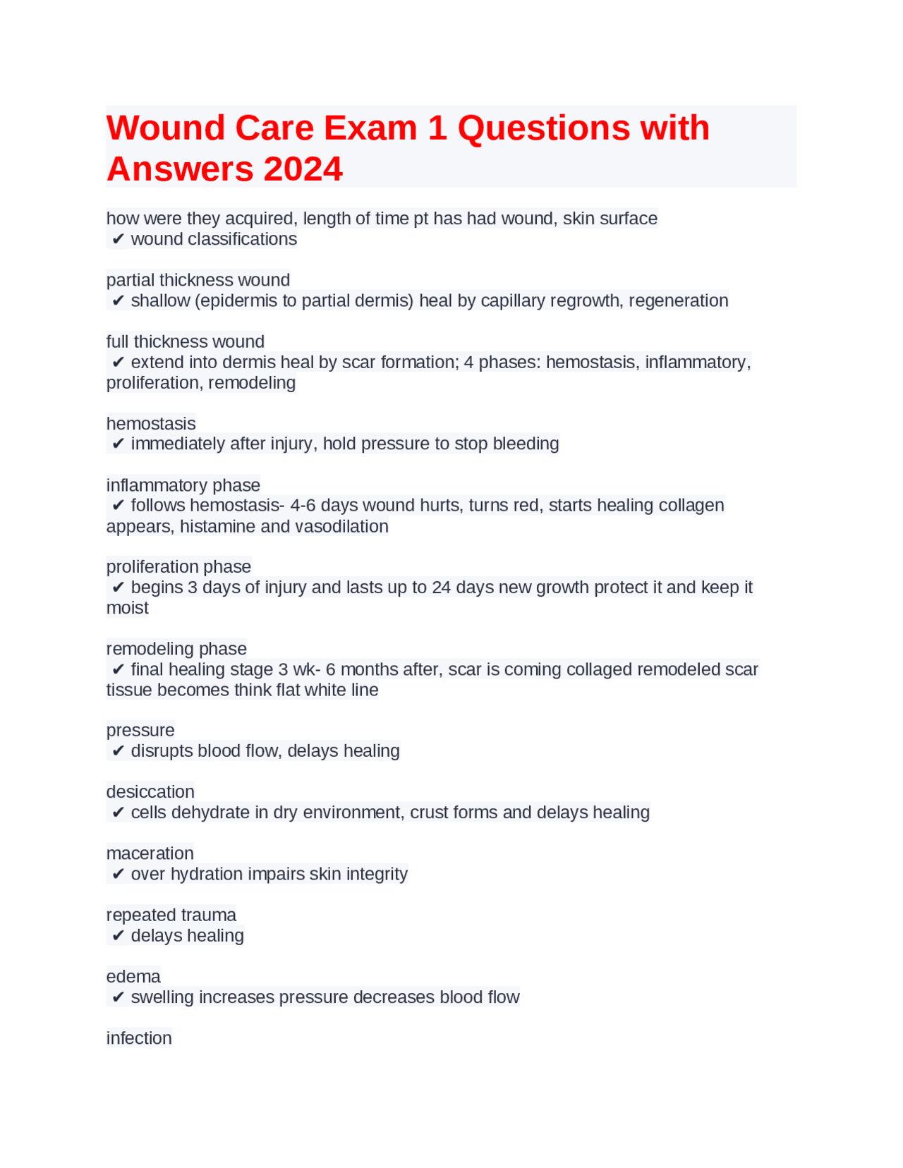 Wound Care Exam 1 Questions with Answers 2024 | Exams Nursing | Docsity