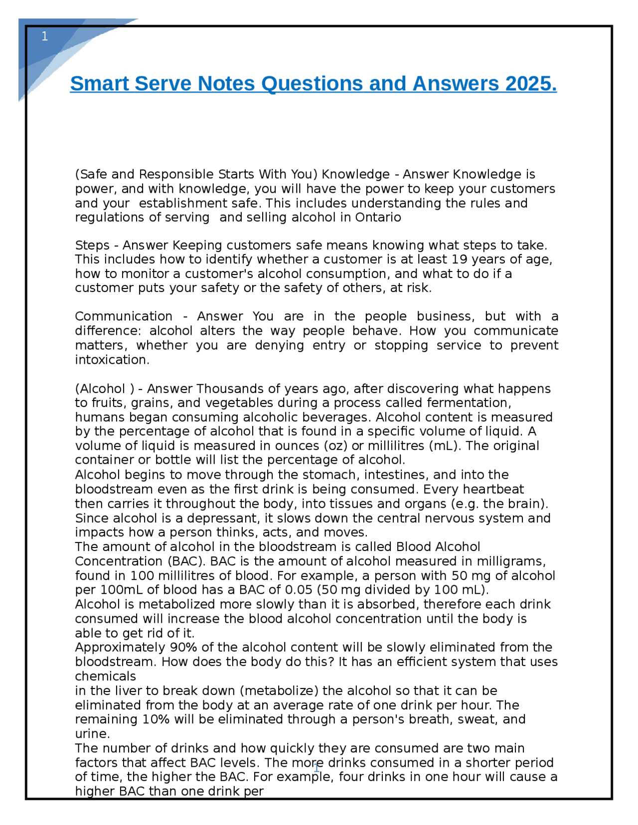 Smart Serve Notes Questions and Answers 2025. | Exams Nursing | Docsity