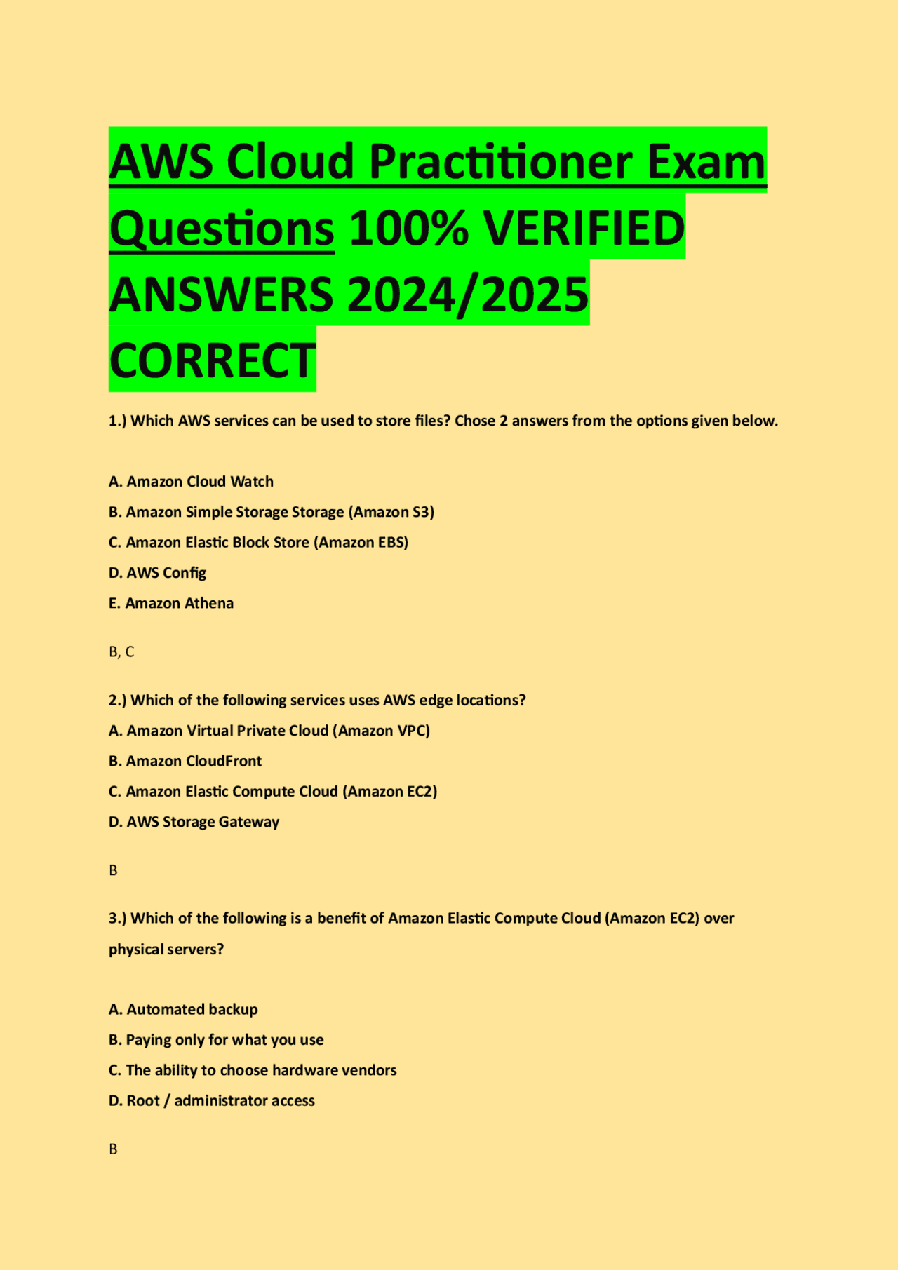 AWS Cloud Practitioner Exam Questions 100% VERIFIED ANSWERS 2024/2025 ...
